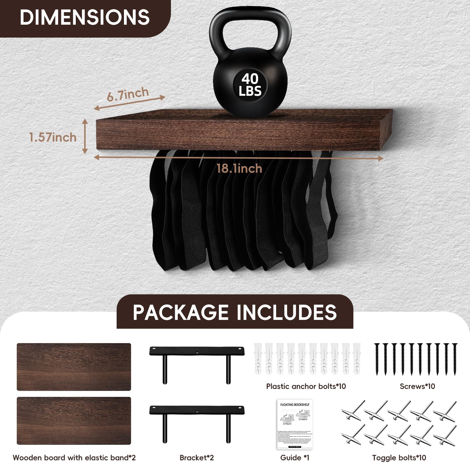 SAUCE ZHAN Floating Bookshelves for Wall, 2 Pack Thickened & Firm Invisible Book Shelf Floating with Elastic Bands, Rustic Natural Wood Unique Hanging Bookshelf Decor for Bedroom, Living Room, Office
