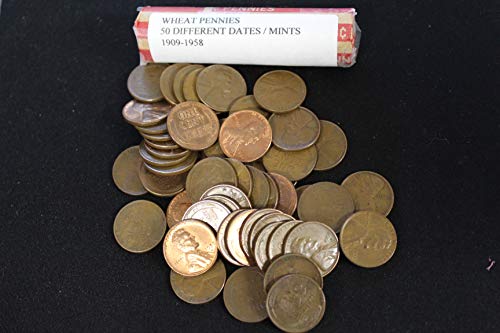 Roll Lincoln Wheat Back Cents - 50 Coins - Date Range 1909 to 1958 - All Different Coins - Some Mint Marks - No Duplicates - Some Better Grades