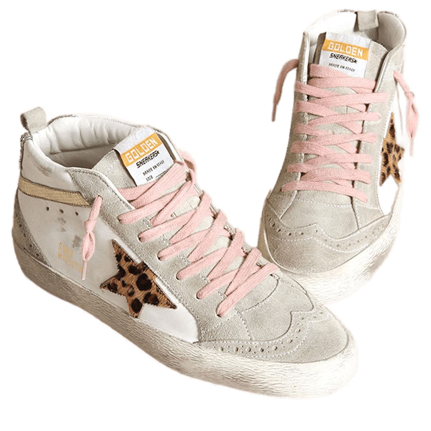 Golden Goose Mid Star Leather Upper Suede Toe and Spur Mini Leo Star Mini Viper Print Wave Glitter Heel Womens Distressed Sneakers - 38 White