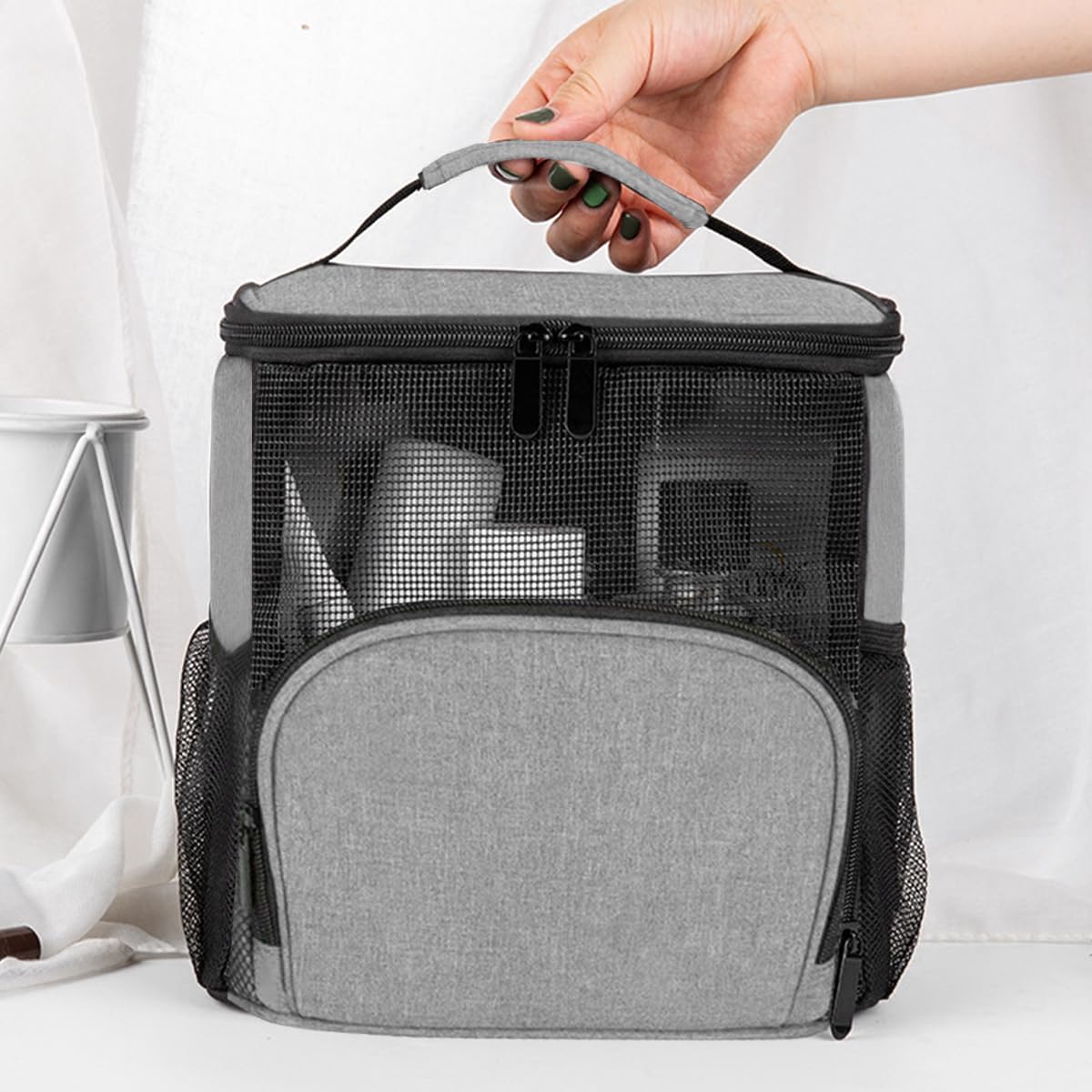 Valleycomfy Mesh Shower Bag for Bathroom, Gym, Travel, Camping Quick Dry Hanging Shower Organizer Basket Toiletry Bag Grey