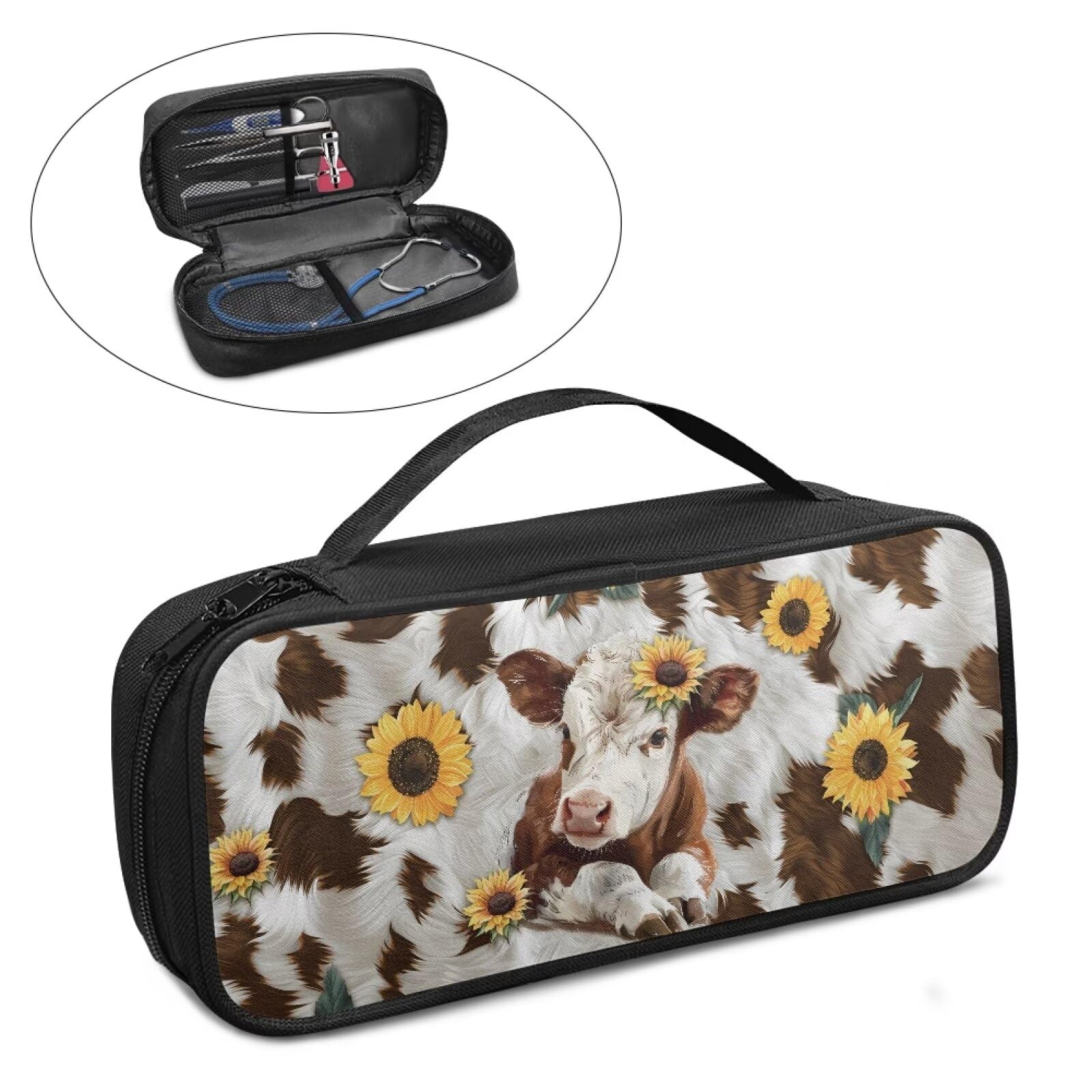 Sepetwhos Sunflower Cow Stethoscope Carrying Case Large Stethoscope Holderwith Mesh Pockets Portable Hard Organizer Storage Bag Stethoscope Accessories