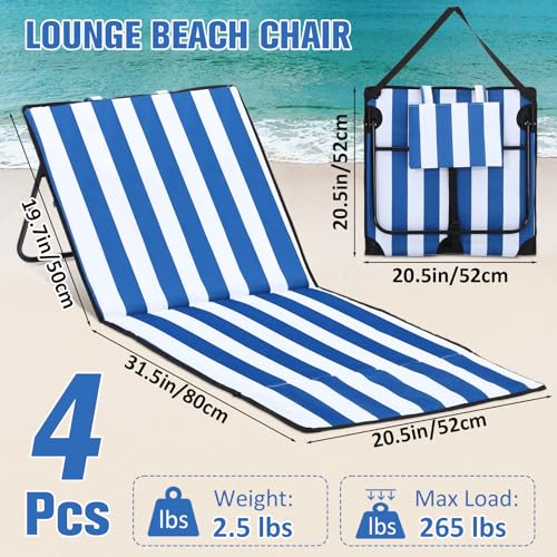 Tinideya 4 Pack Beach Loungers Folding Lightweight Portable Lawn Chair for Outdoor Sunbathing, Patio Chaise Lounge Backpack Camping Chairs (Blue White)