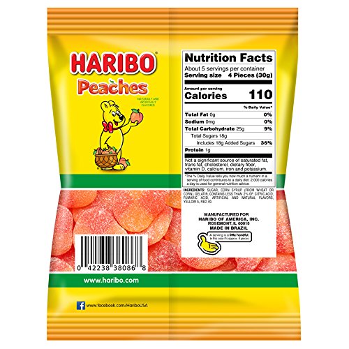 Haribo Gummi Candy - Soft & Chewy Delicious Gummies, (Pack of 3) Share Size Peg Bags + Bonus Mystery Candy (5 oz, Peaches)