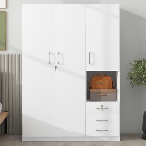 TINIMONI Modern 3-Door Wooden Wardrobe Armoire, Closet Organizer with Shelves, Drawers, and Hanging Rod, Stylish Storage Solution for Bedrooms, White