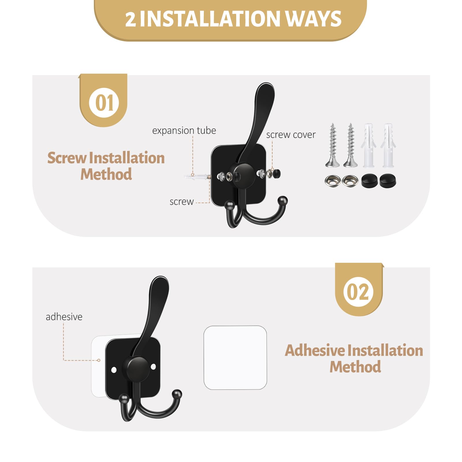 VIS'V Coat Hooks Wall Mount, Black Metal Coat Tri Hooks Heavy Duty Adhesive 3 Prong Coat Hanger Hooks Door Wall Coat Rack Hooks for Livingroom Bathroom Camper 2 Mount Options - 4 Pcs