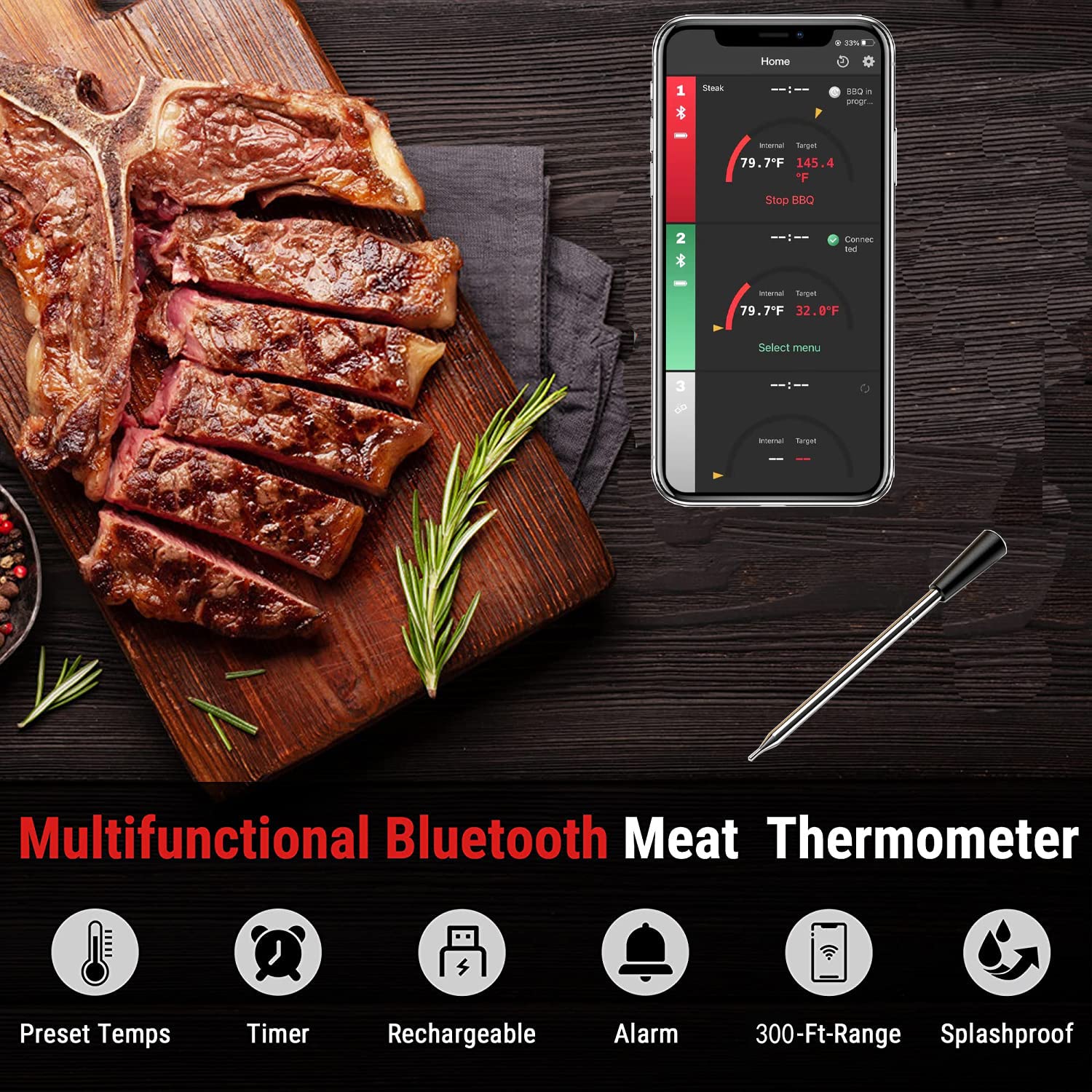Meat Thermometer Wireless, BVRONA 300FT Bluetooth Meat Thermometer for Grilling and Smoking, IP67 Waterproof ,Dishwasher Safe for BBQ Oven Grill Smoker Cooking Gifts for Men Women