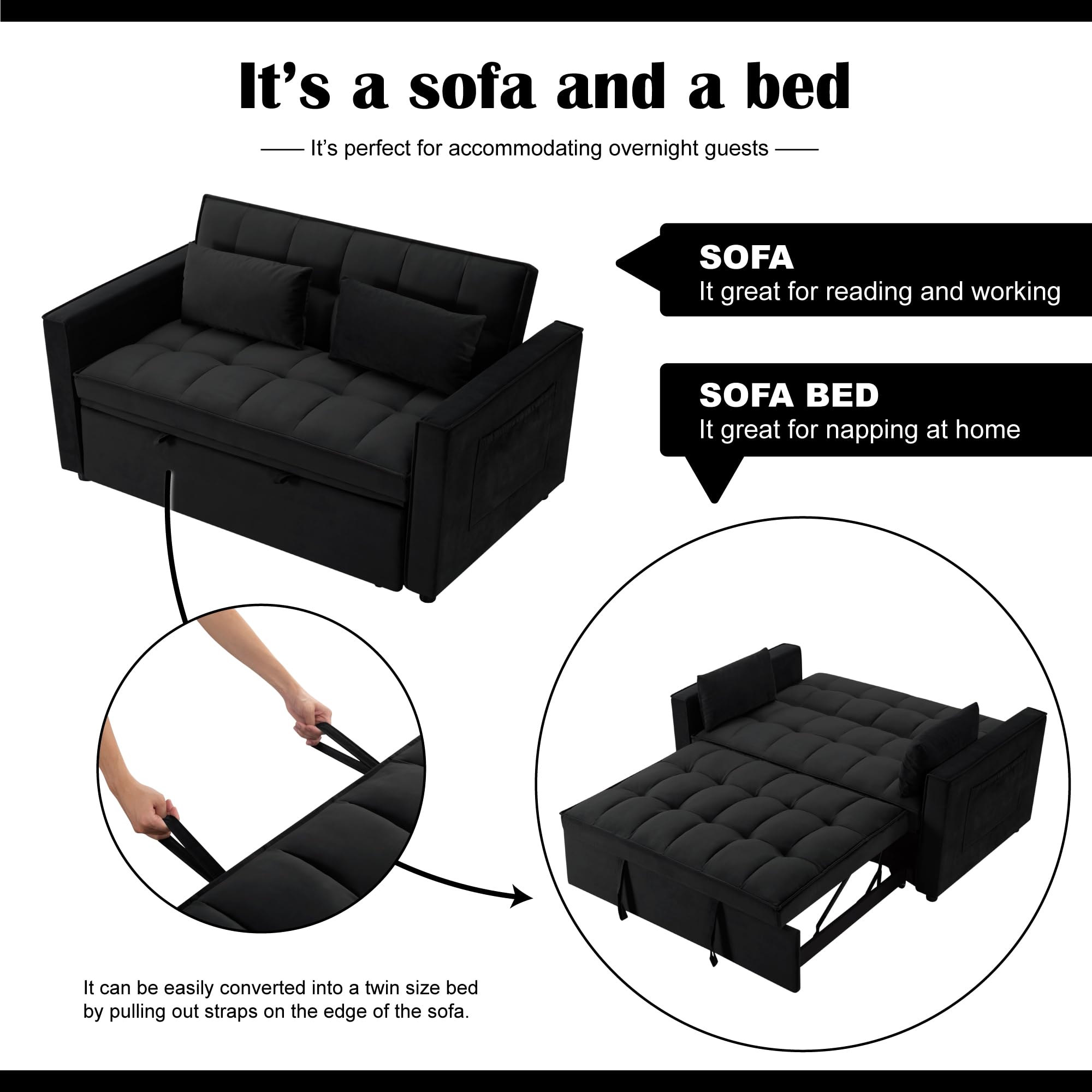 UOCFYK 55" 3-in-1 Sleeper Sofa Loveseat Convertible with 2 Pillows,Velvet Fabric with Side Pocket and Reclining Backrest,Sofa Bed Pull-Out Sleeper Sofa Bed,Upholstered Loveseat for Living Room,Black