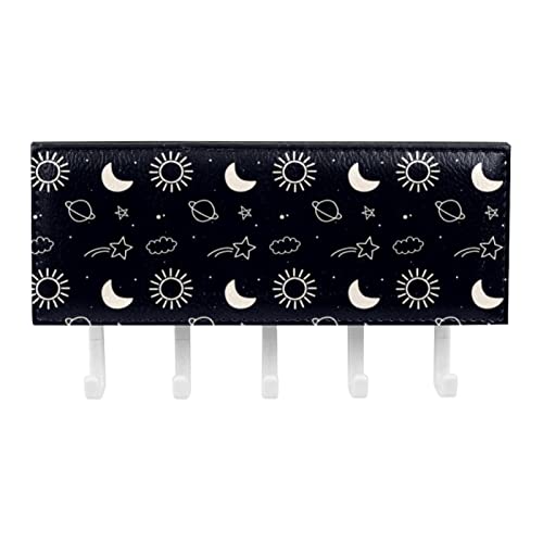 Space Background Mail Holder Organizer and Key Hooks PU Front, Self Adhesive Key Rack with 5 Hooks Perfect for Entryway, Hallway,Bathroom ,Kitchen