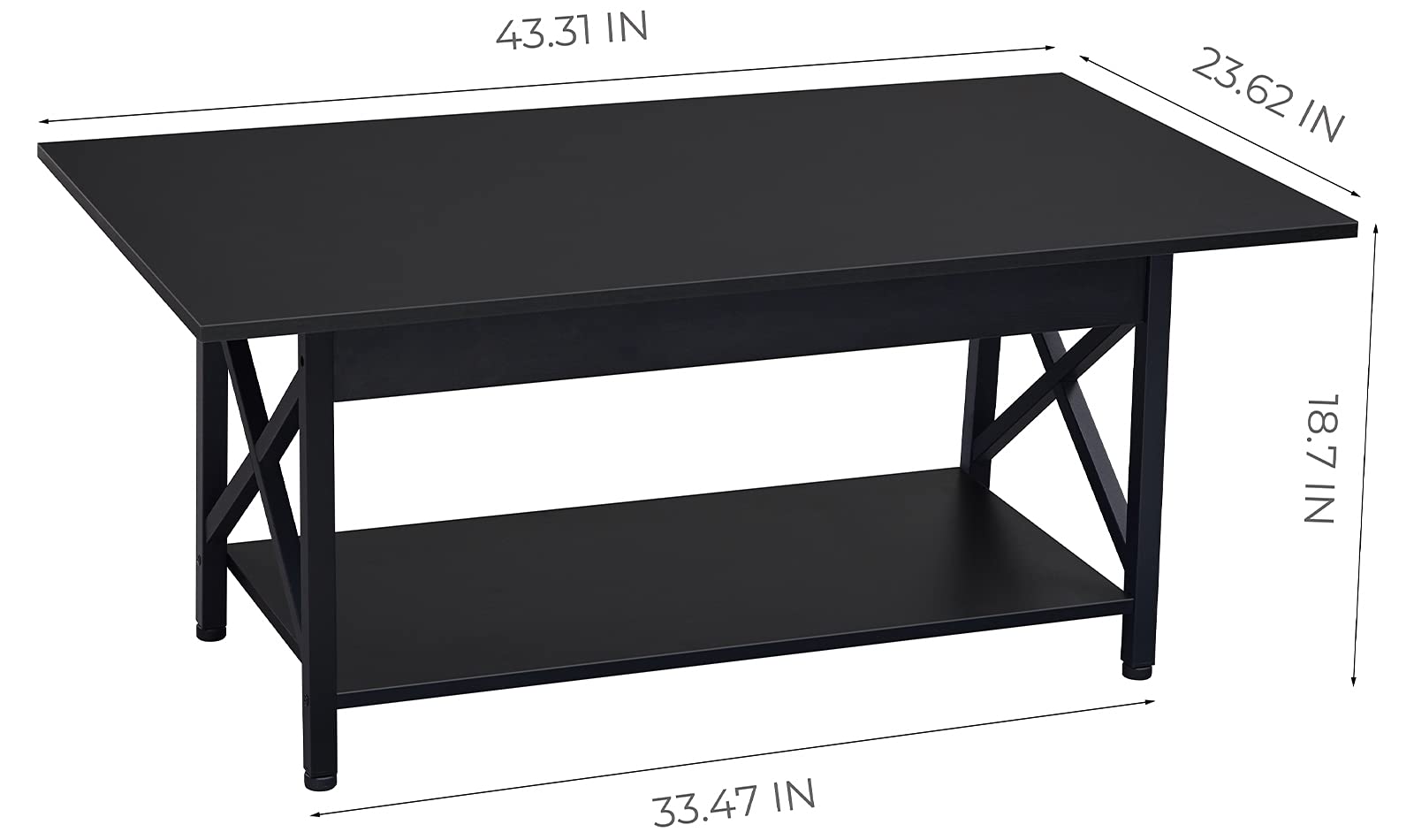 GreenForest Coffee Table Large 43.3 x 23.6 inch with Storage Shelf for Living Room, Easy Assembly, Black
