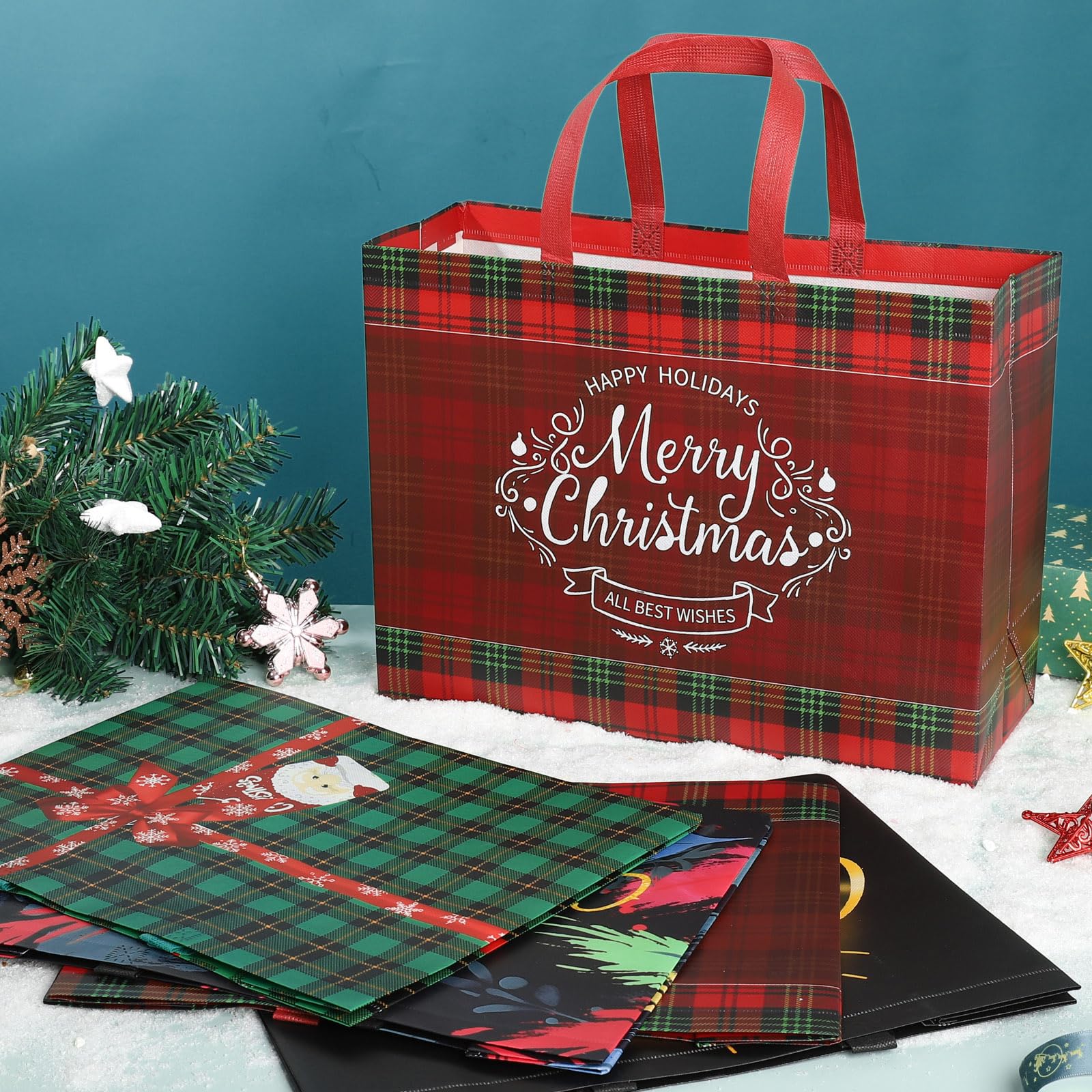 YANGTE Extra Large Christmas Gift Bags 12 Pack Extra Large Gift Bags Jumbo with Handle Reusable Non-Woven XL Xmas Presents Wrapping Holiday Bags Tote Size 16.7 * 6.9 * 12.6in