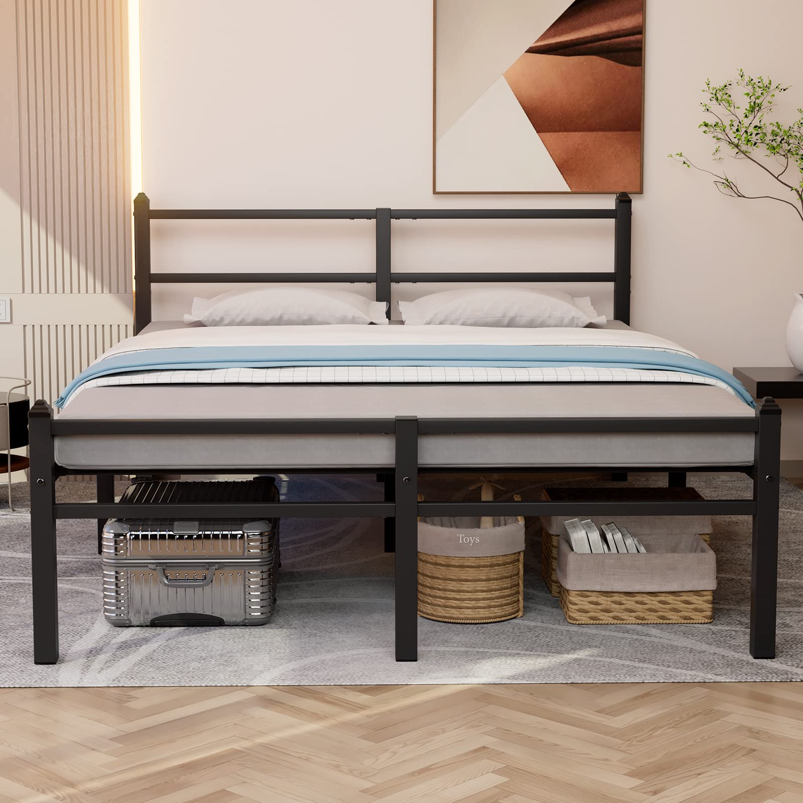 GreenForest Queen Bed Frame with Headboard Easy Assemble, 14 inch Heavy Duty Metal Platform Queen Size Bed Base with Storage No Box Spring Needed Mattress Foundation, Noise Free, Black