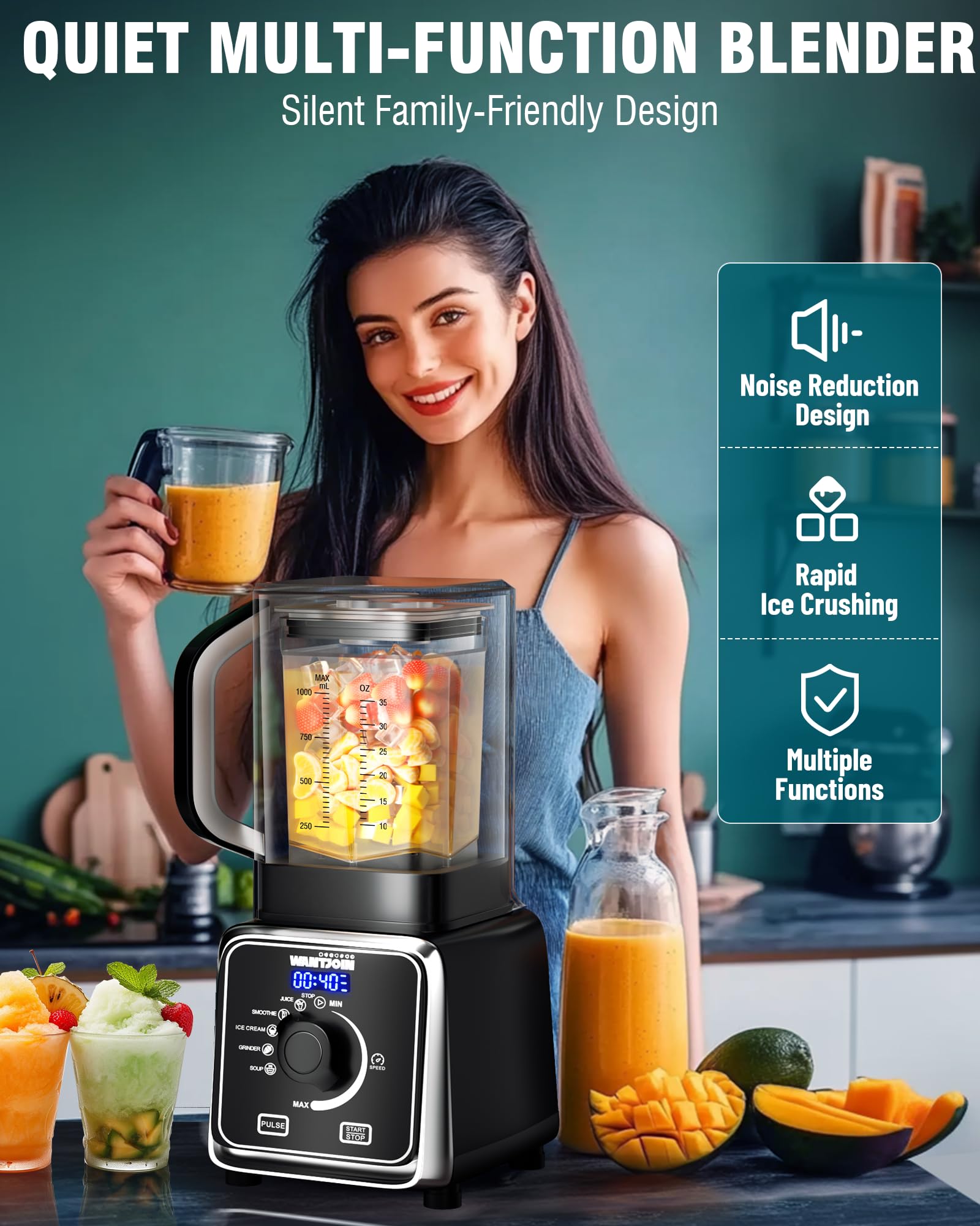 WantJoin Blender for Kitchen with Sound Shield Silent Blender Professional Countertop Quiet Blender Self-Cleaning Multifunctional for Milk Shakes Smoothie Juice Commercial Home 34Oz/1L Capacity