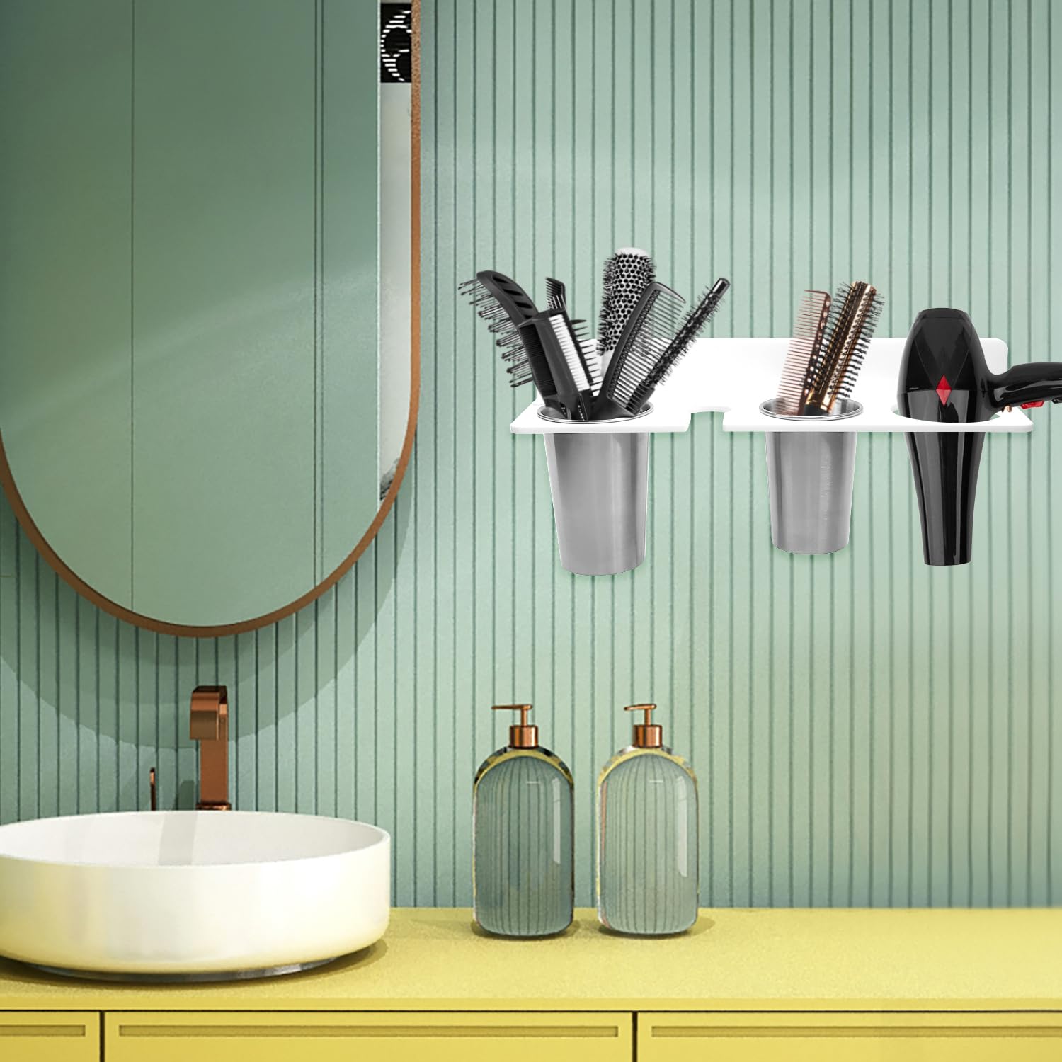 QWORK Wall-Mounted Hair Tool Organizer - Acrylic and Stainless Steel Hair Appliance Holder with Heat-Resistant Cups, Easy Installation for Bathrooms, Salons, Hotels