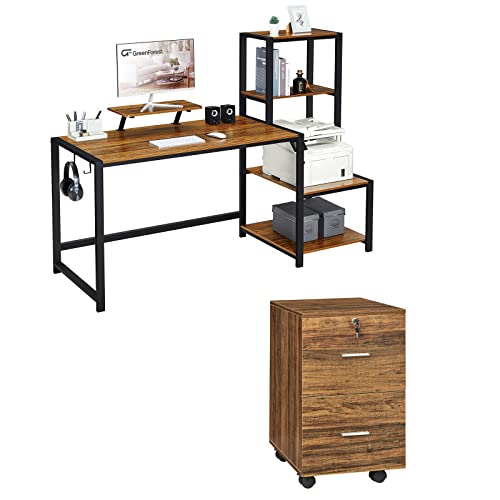 GreenForest Reversible Computer Desk 68.8 inch with Storage Printer Shelf and File Cabinet 2 Drawers Wooden Vertical Filing Cabinet with Lock