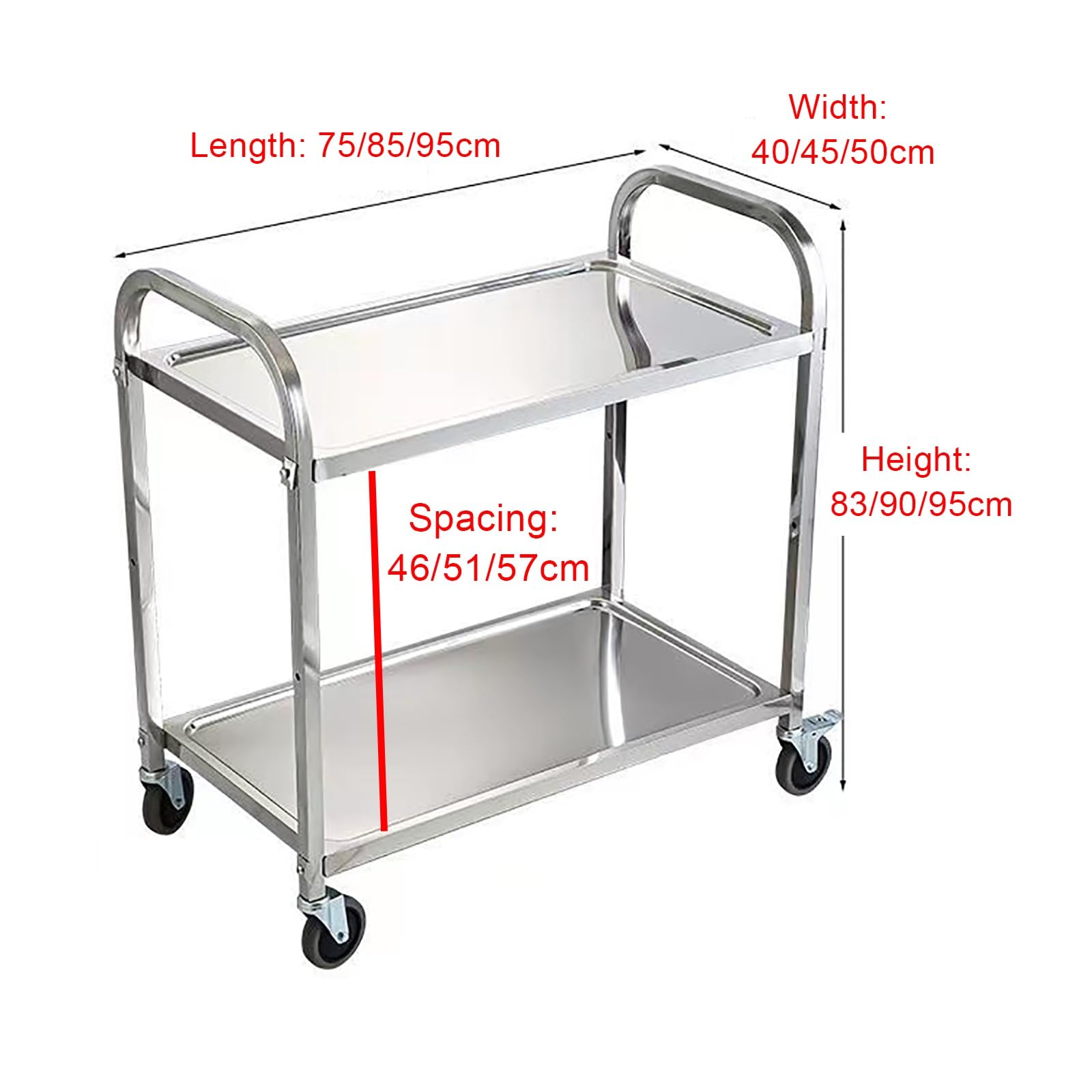 RANGPAN Stainless Steel Frame,2 Layer Medical Utility Cart,Catering Dental,Ergonomic Handle,w/ 360° Swivel Wheels Lockable,for Garage, Kitchen, Hotel, Office, Warehouse