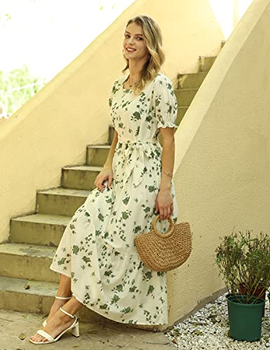 YESNO Women's 2023 Summer Casual Square Neck Floral Dress Ruffle Puff Short Sleeve Belted Maxi Dress with Pockets L E16 CR355