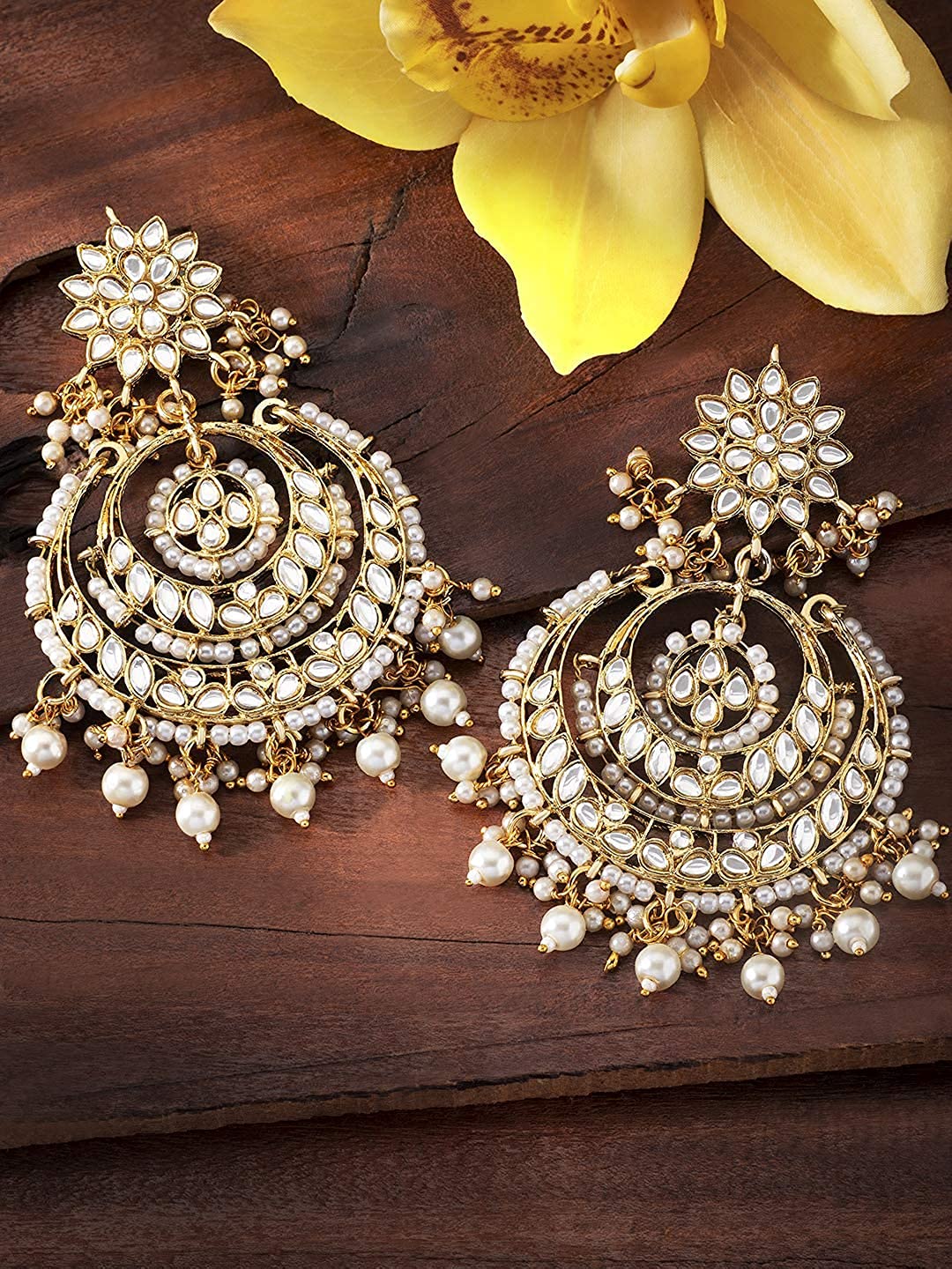 I Jewels Gold Plated Indian Wedding Bollywood Chandbali Kundan & Pearl Earrings for Women (E7077W)