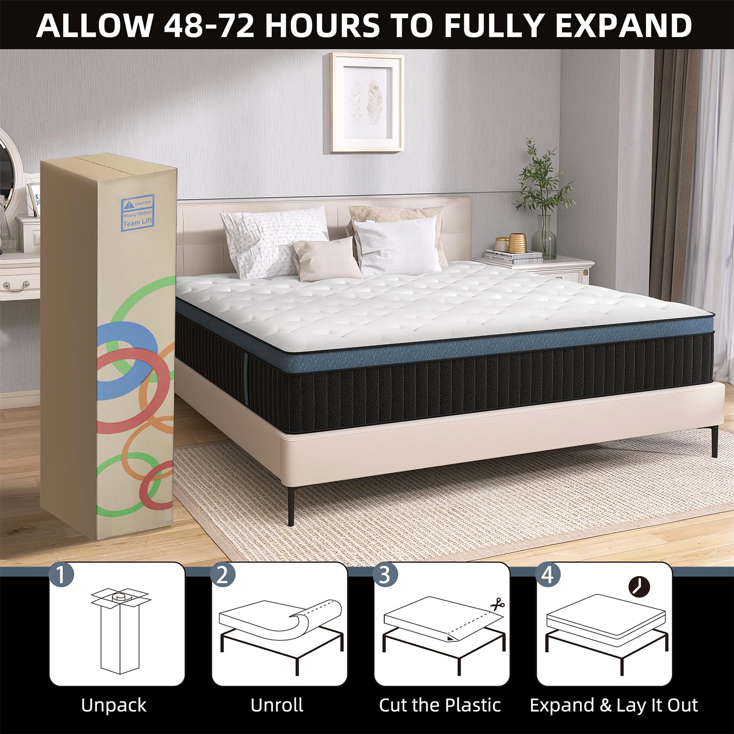 VERHOPE Queen Size Mattress,14 inch Queen Mattresses in a Box,Motion Isolation with Individual Pocket Springs,Medium Firm CertiPUR-US Memory Foam Hybrid Mattress,Edge Support