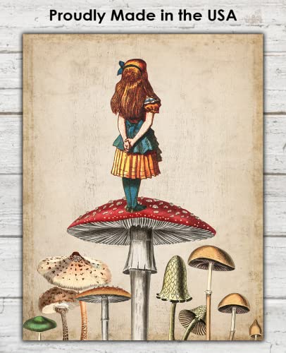 Whimsical Alice Atop Mushrooms Wall Art Print - 11x14 Unframed Picture For Home, Office, Classroom, Dorm, Living Room & Bedroom Decor - Creative Gift Idea For Alice Fans