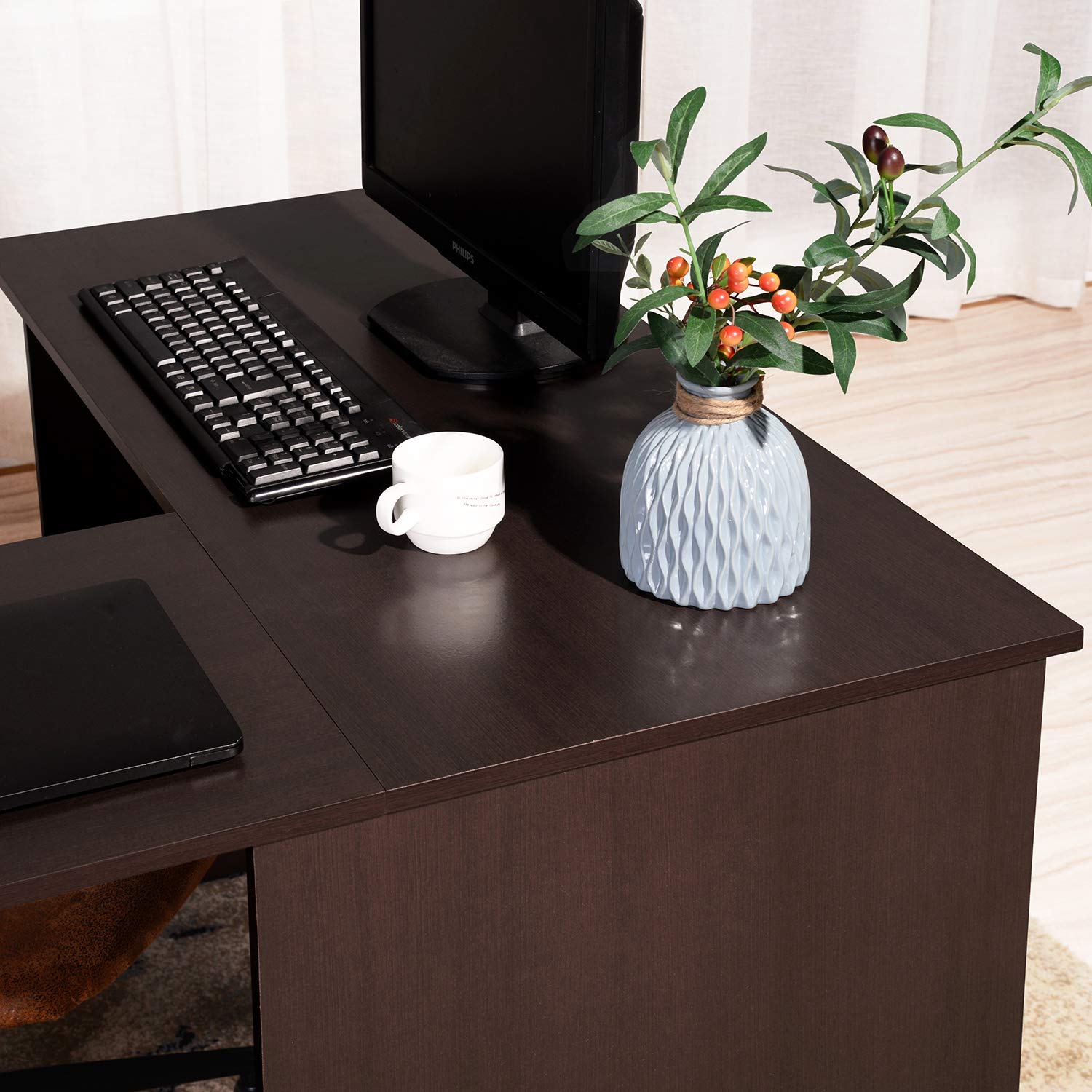 wOod-it L Shaped Work Computer Home Office Shelves Storage, Student Desks for Bedroom, Gaming Table for Corner Small Space, Dark Brown
