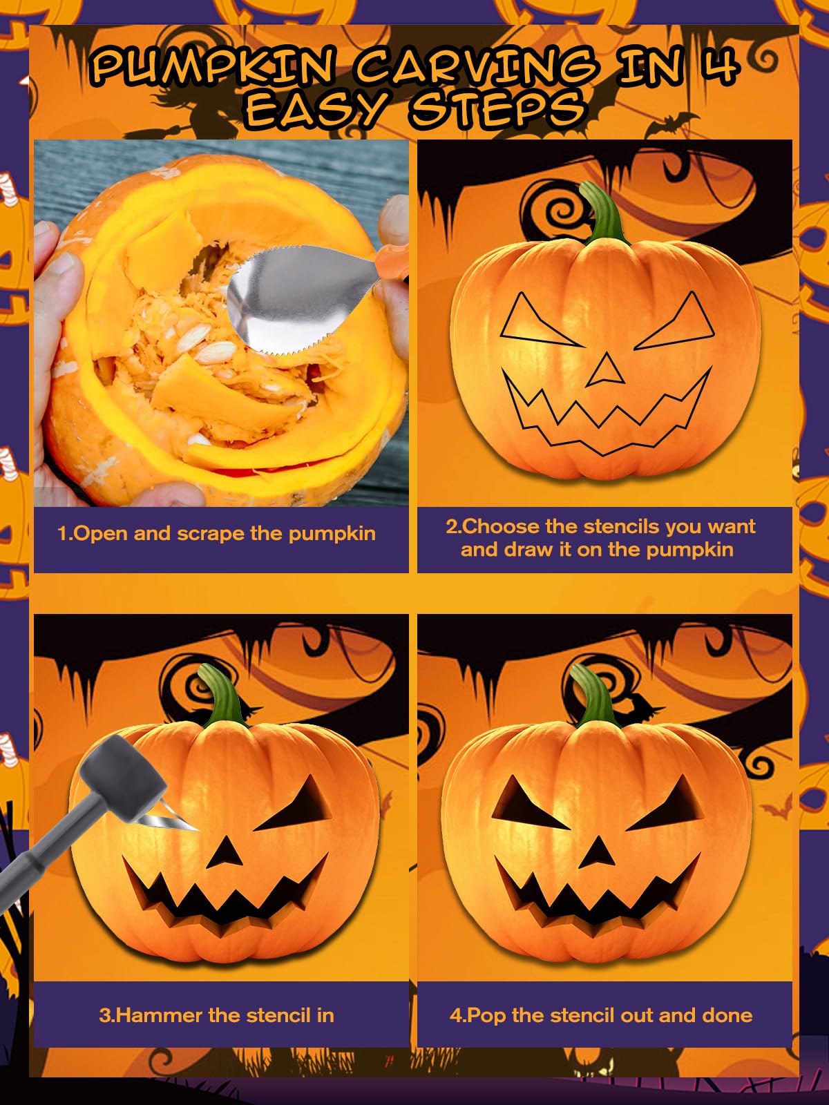 Rolcoassuns 27PCS Halloween Pumpkin Carving Kits,Pumpkin Carving Tools Set with 23PCS Stainless Pumpkin Carving Stencils,3 Carving Tools&1 Mallet for Adults Kids Easy Safe Fun DIY Halloween Decoration