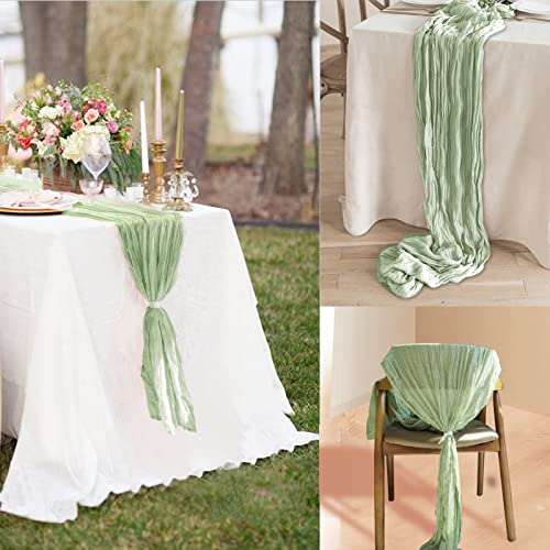 Vibera Cheesecloth Table Runner 35 x 157 inches Long Sage Green Table Runners for Wedding Birthday Party Gauze Table Runner for Bridal Shower Baby Shower Decorations(1 Pack)