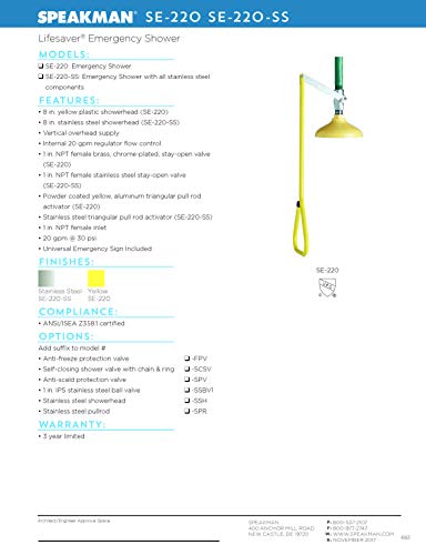 Speakman SE-220 Lifesaver Vertical Supply Emergency Shower, Yellow