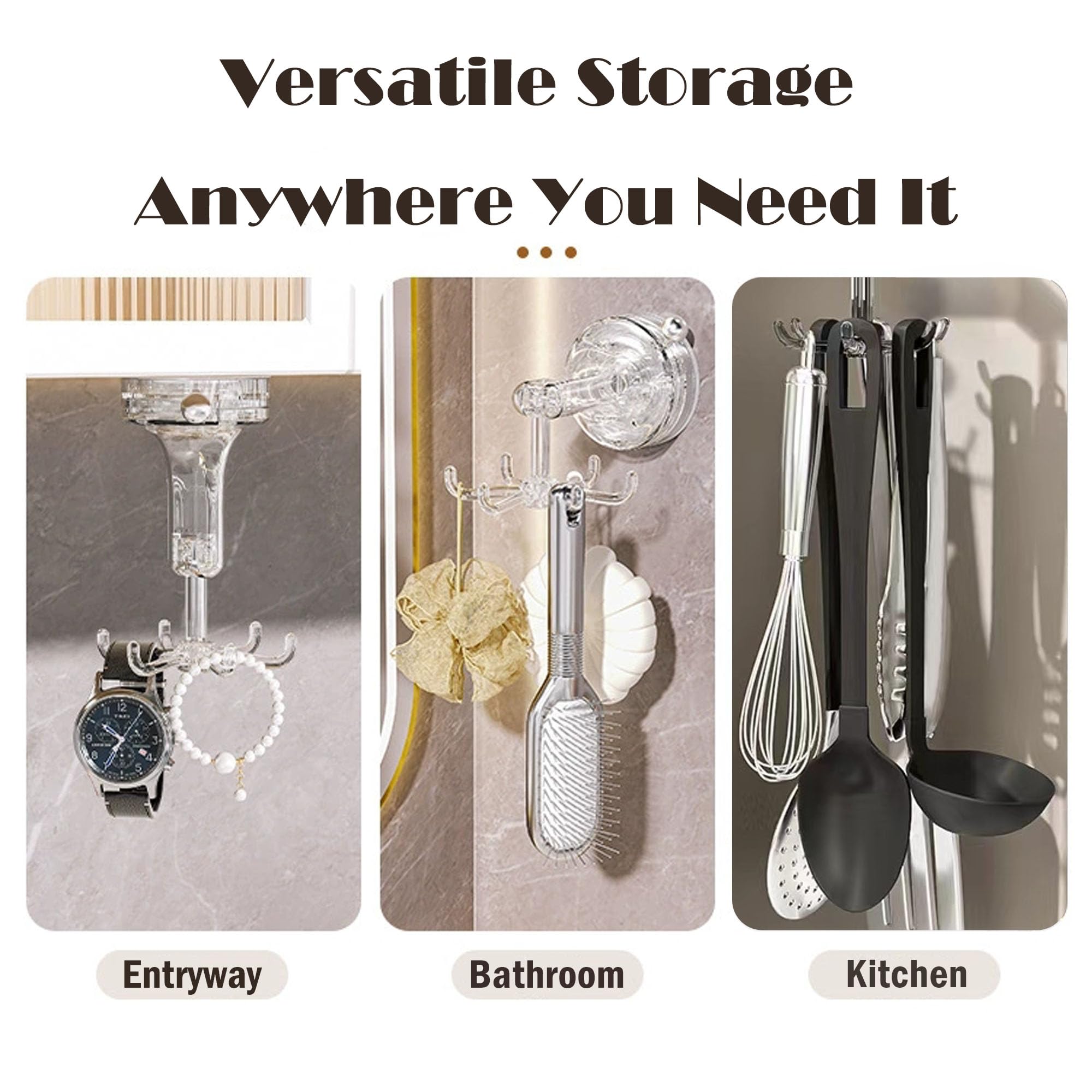 Suction Cup Rotating 6-Claw Hook, 360° Rotation, Strong Adhesion, No-Drill Installation, Waterproof, Reusable Wall and Ceiling Hanger for Bathroom, Kitchen, Entryway, PET Material (Transparent)