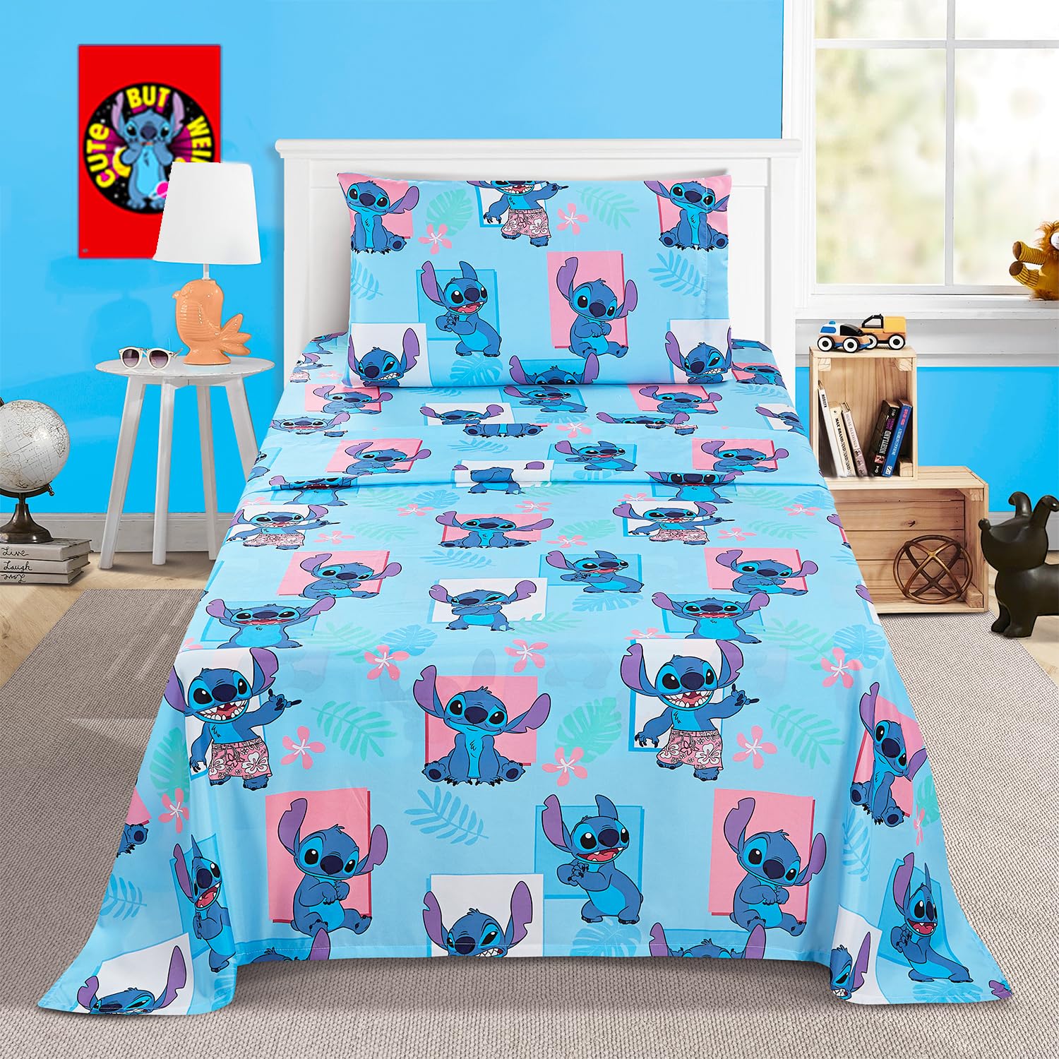Stitch Twin Size Bedding Set for Toddlers - Lilo and Stitch Twin Bedding Bundle with Stitch Bedspread, Flat Sheet, Fitted Sheet, and Pillowcase for Twin Bed Plus Posters | Stitch Bedroom Decor