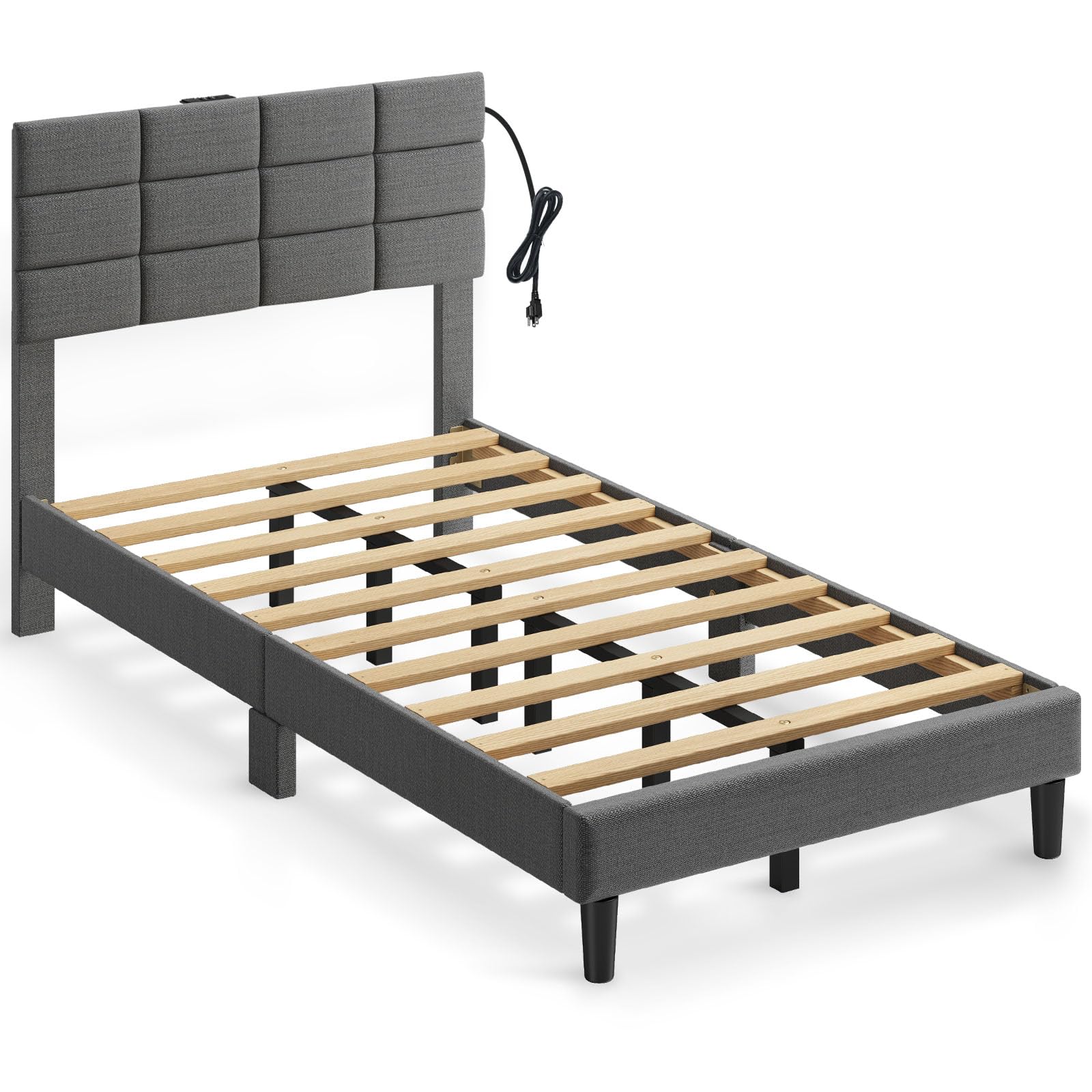 Seventable Twin Size Bed Frame with Charging Station, Upholstered Bed with Heavy Duty Wood Slats, Noise Free, Easy Assembly, No Box Spring Needed, Dark Grey