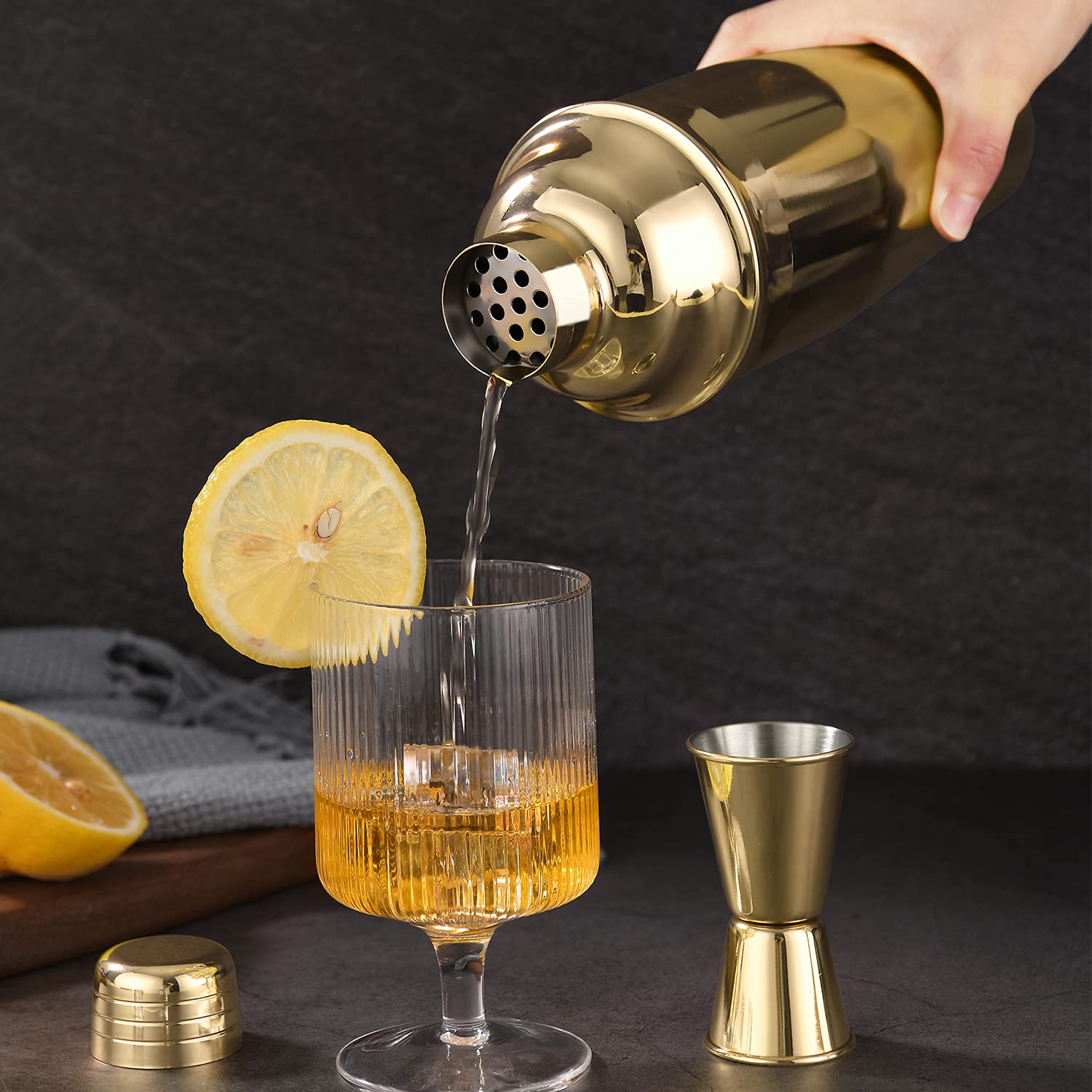 LUCKYGOOBO Cocktail Shaker with Double Measuring Jigger,18/8 Stainless Steel 24oz Martini Shaker Set,Drink Shaker Built-In Strainer,Bartender Kit. (Gold)