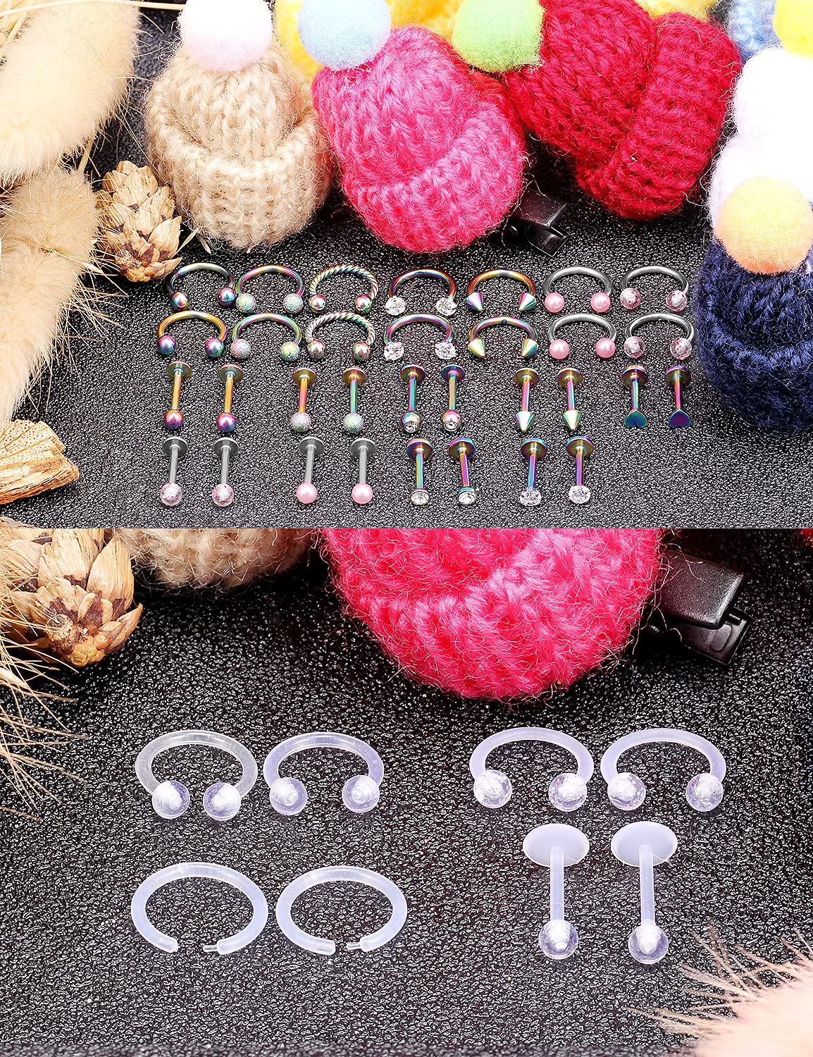 Hoeudjo 16G Surgical Steel Lip Rings Clear Diamond CZ Labret Studs Tragus Horseshoe Ring Helix Hoop Earring Body Jewelry Piercing Retainer for Women Men Rainbow