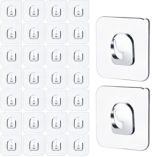 Yinkin 30 Pieces Clear Wall Hooks 15 lb (max) Adhesive Hooks for Hanging Plastic Sticky Hooks Heavy Duty Hook Transparent Drill Free Reusable for Hat Kitchen Bathroom Office, No Trace No Scratch