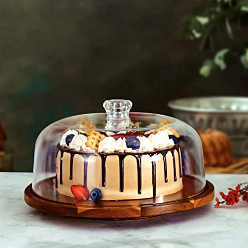 Rotating Cake Stand with Clear Acrylic Dome Lid, Turntable Base, Display Server Tray for Kitchen,Birthday Parties,Weddings,Baking Gifts,Acacia Wood Lazy Susan with Cover