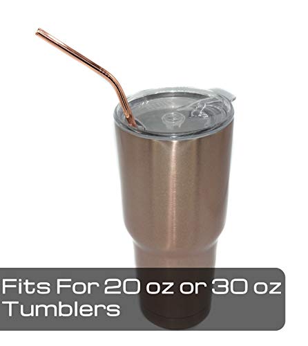 Metal Drinking Straws - 5 Rose Gold Reusable Bent Straws with 3 Cleaning Brushes - Copper Plated Stainless Steel for Moscow Mule and More