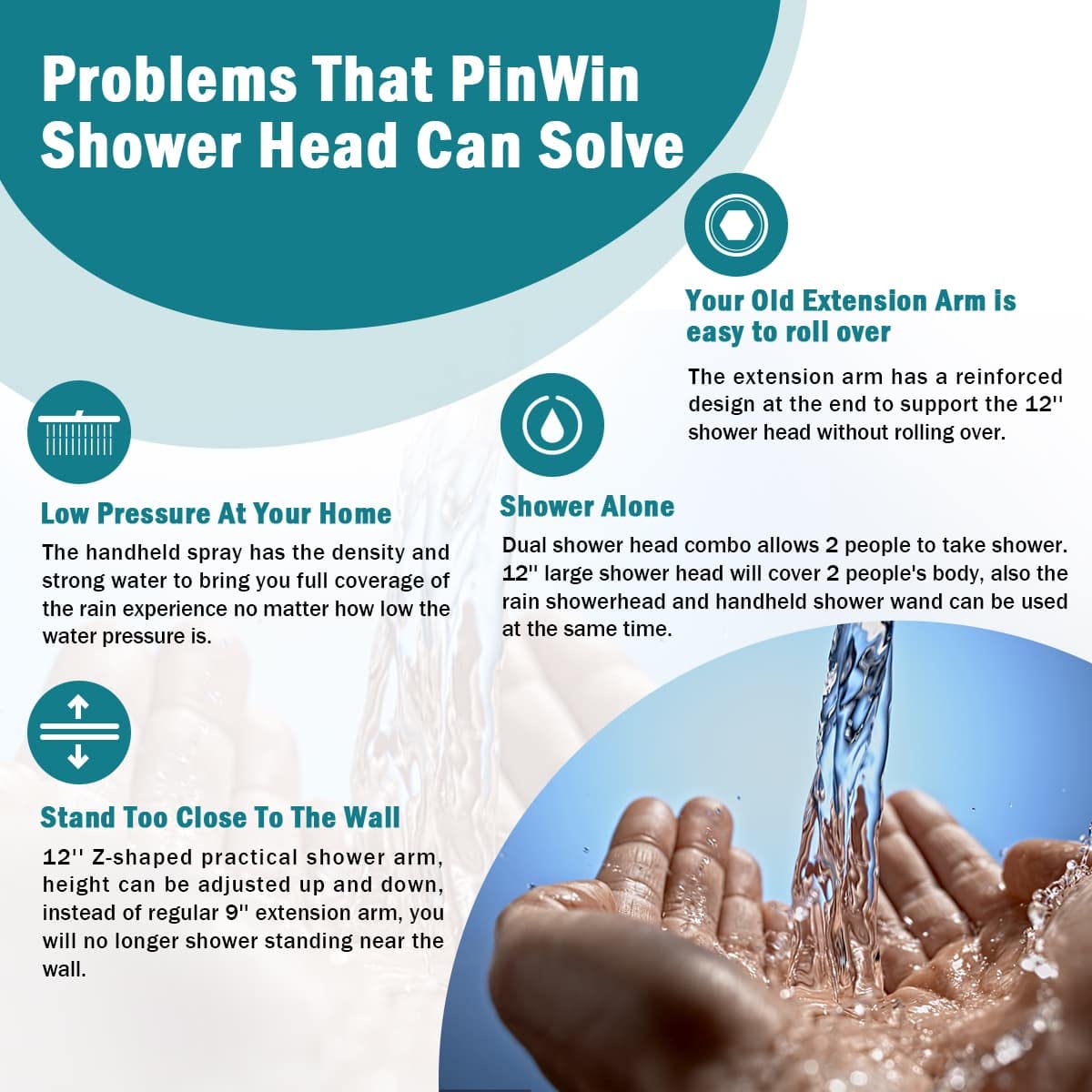 PinWin Shower Head, Upgraded Dual Rain Shower Head with Adjustable Extension Arm, 6-Setting Handheld Combo, Powerful High-Pressure Spray Against Low Pressure Water (12-Inch Showerhead Set, Chrome)