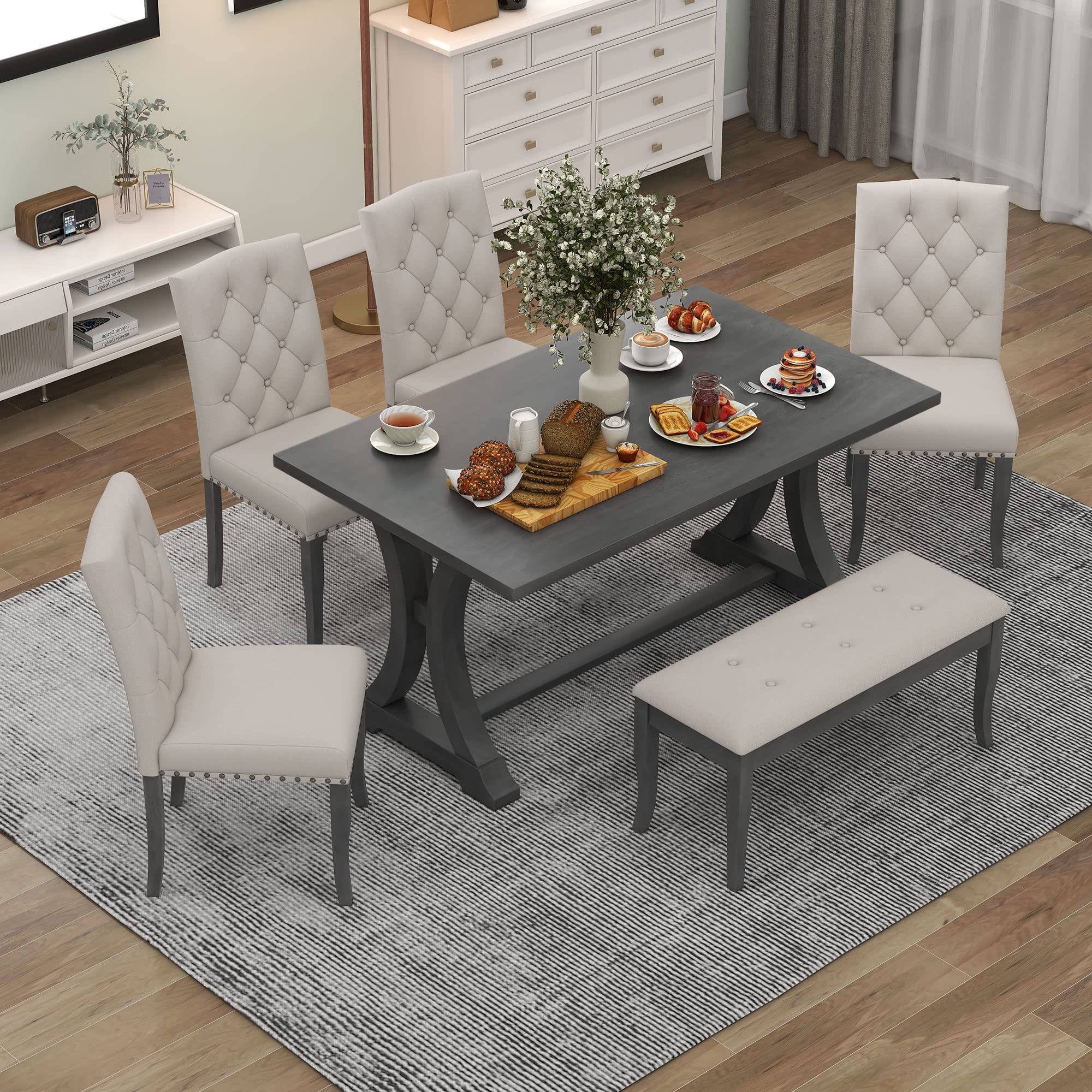 Harper & Bright Designs Classic and Traditional Style 6 - Piece Dining Set, Includes Dining Table, 4 Upholstered Chairs & Bench (White+Gray) (White+Gray) (White1)