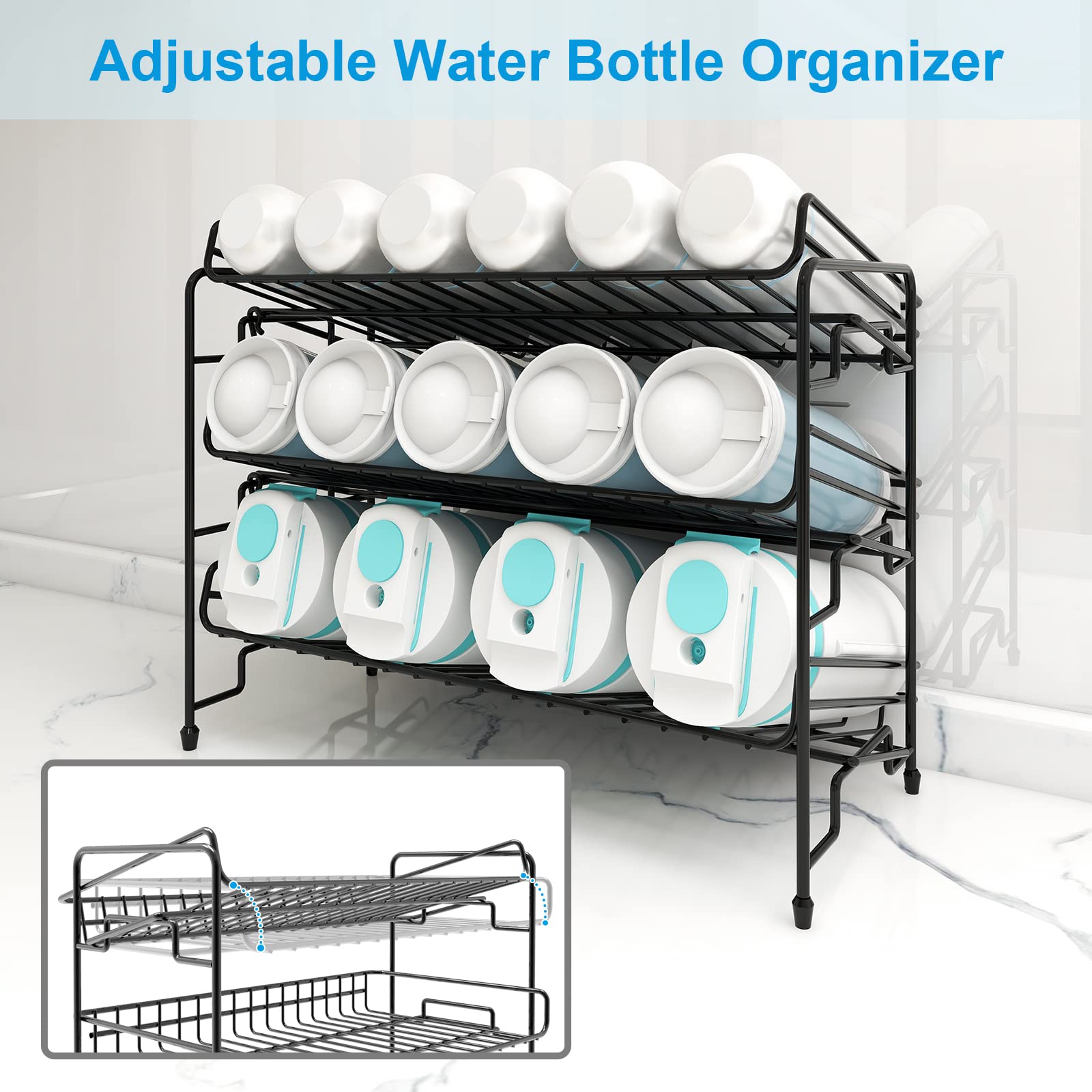 Mefirt Water Bottle Organizer, 3-Tier Water Bottle Organizer for Cabinet, Stackable Water Bottle Storage Rack, Soda, Can, Water Bottle Holder for Cabinet, Kitchen Countertops, Pantry, Fridge (2 PK)