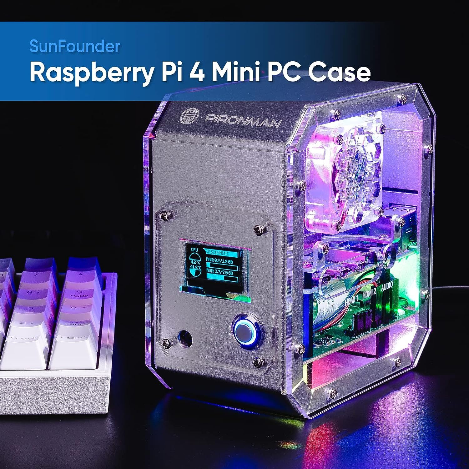 Pironman Mini PC Case for Raspberry Pi - Aluminum Alloy Tower Case with Fan, Tower Cooler, M.2 SATA SSD Expansion Board, 0.96" OLED, IR Receiver and Power Button for Raspberry Pi 4