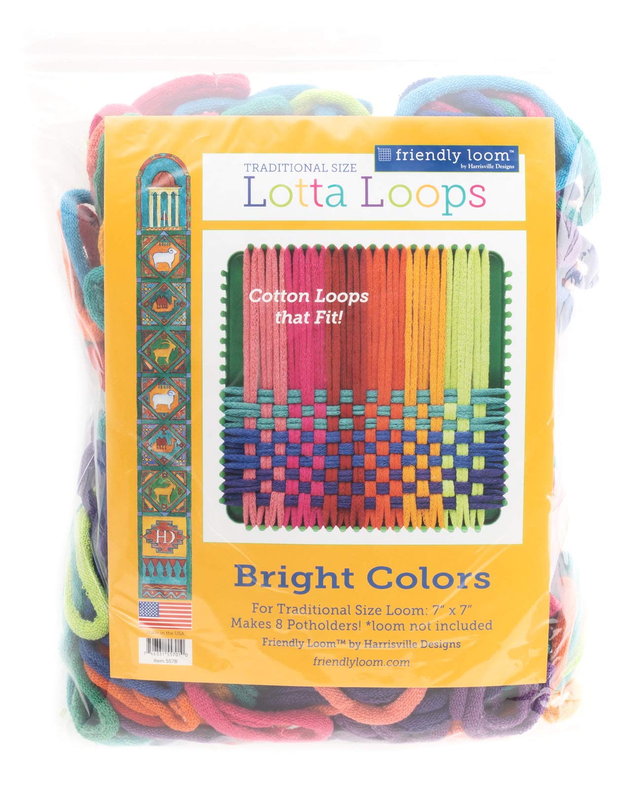 Harrisville Designs Friendly Loom Lotta Loops 7" Traditional Size Bright Cotton Loops Makes 8 Potholders, Weaving, Crafts for Kids and Adults