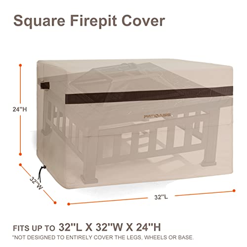 PATIOASIS Square Fire Pit Cover 32''L x 32''W x 24''H Heavy Duty 600D Outdoor Gas Fire Pit Table Covers Waterproof