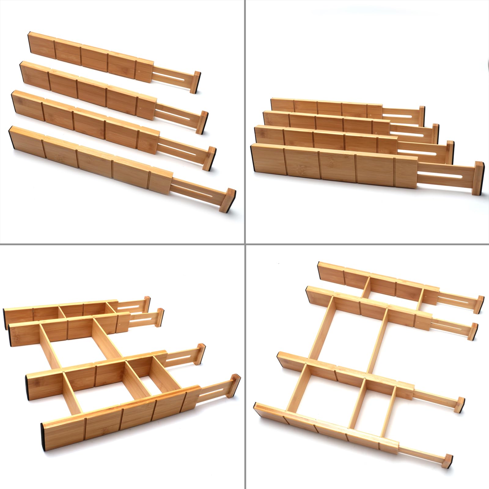 SUEIANNMN 4PCS Expandable Drawer Dividers Set with 12 Inserts Kitchen Drawer Organiser, Bamboo Customisable Cutlery Organiser Desk Drawer Organizer Clothes Drawer Organisation (17-22in)