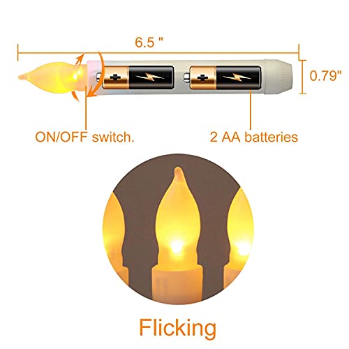 Raycare 12pcs LED Flameless Taper Candles with 6H Automatic Timer, 0.79×6.5 Inches Battery Operated Fake Candles with Warm Yellow Flickering Light, Dripless Candles for Window Themed Party Decorations
