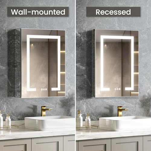 ROOMTEC LED Lighted Medicine Cabinet with Mirror 20"*26",Bathroom Mirror Cabinet with Lights, Outlet and USB, Recessed or Wall Mounted, Adjustable Shelf, 3-Color, Dimmer, Anti-Fog