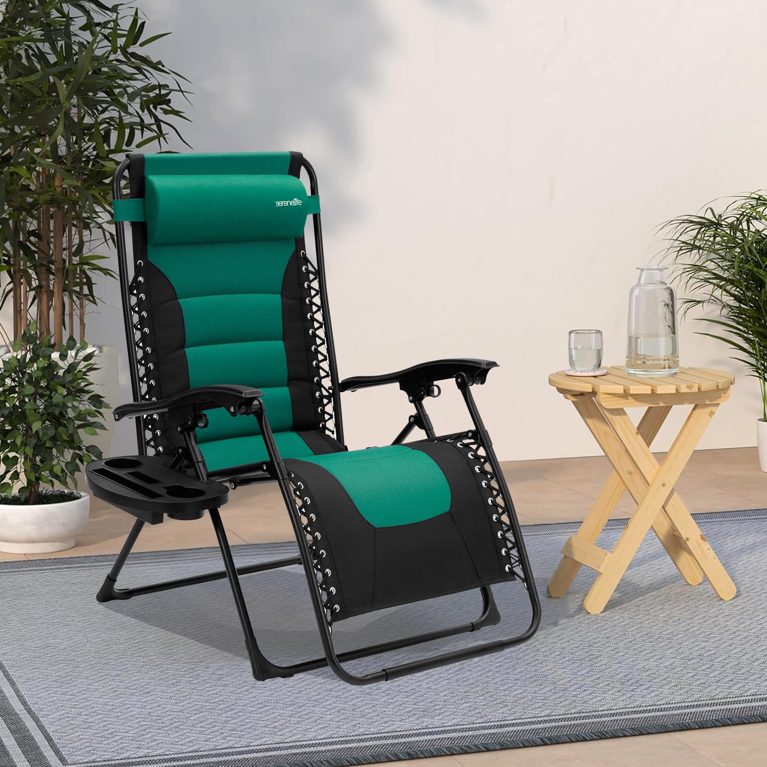 SereneLife SL1ZGRCP36.5 Outdoor Foldable Padded Zero Gravity Lawn Chair-Adjustable Recliners with Plastic Cup Holder Side Table and Pillow (Green and Black)