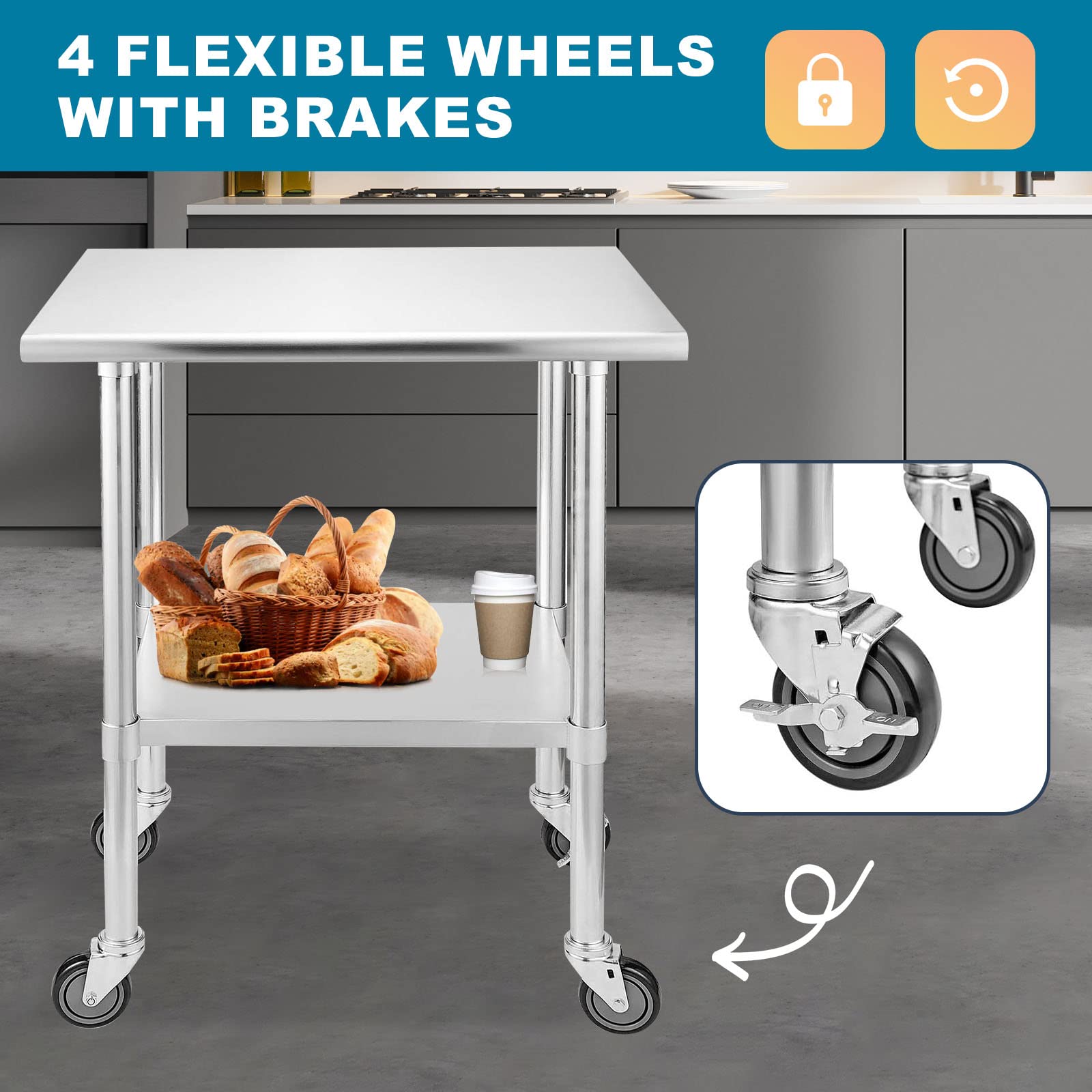 YBLFDY 24x30 Stainless Steel Table with Wheels and Adjustable Feet for Home Kitchen NSF Stainless Steel Prep Table,Metal Table with Undershelf for Garden