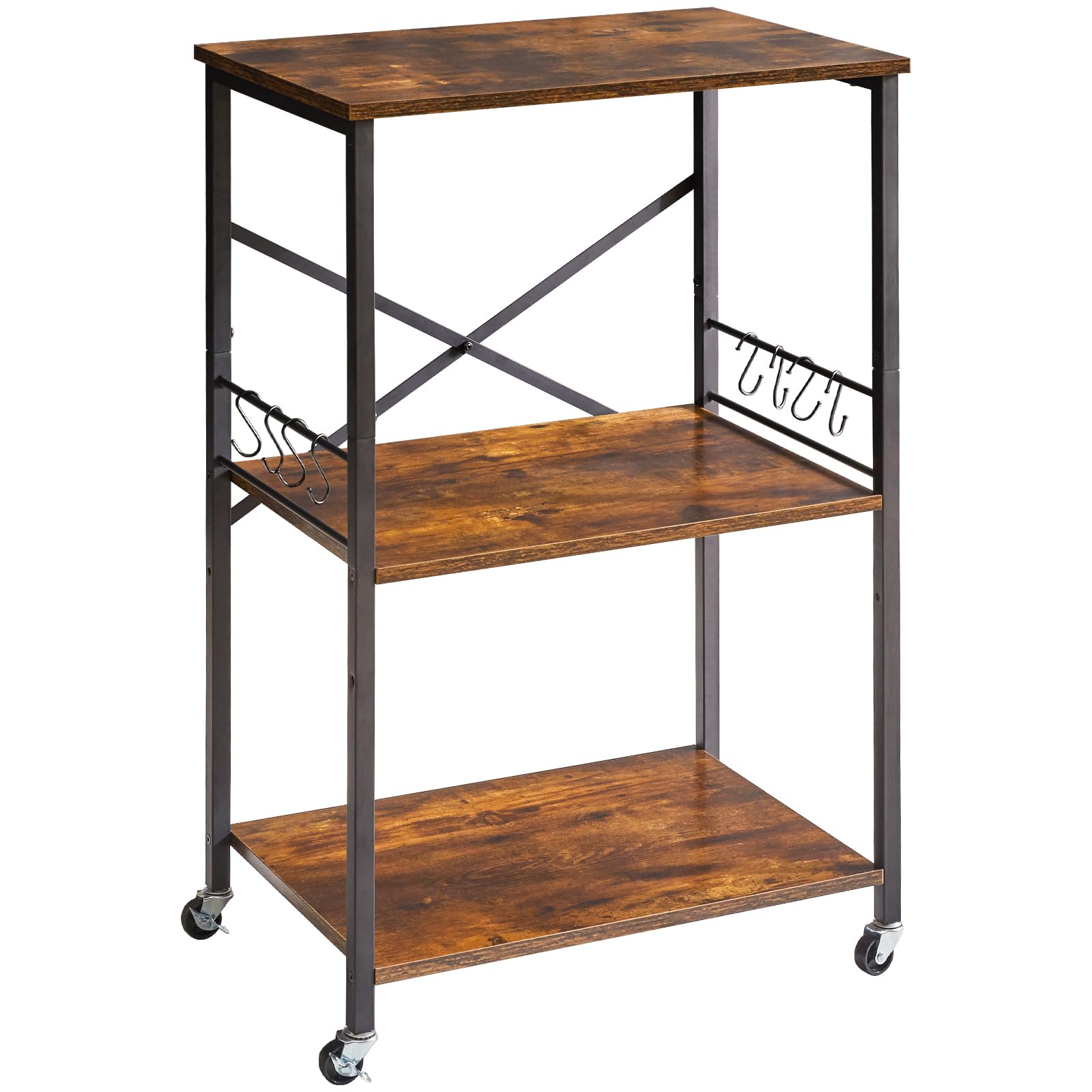 IBUYKE Kitchen Shelf, 3-Tier Microwave Oven Stand, Baker’s Rack with Metal Frame and 6 Hooks, Industrial Printer Stand, Utility Standing Storage Shelf for Coffee Bar, Simple Assembly, GL-TMJ022H