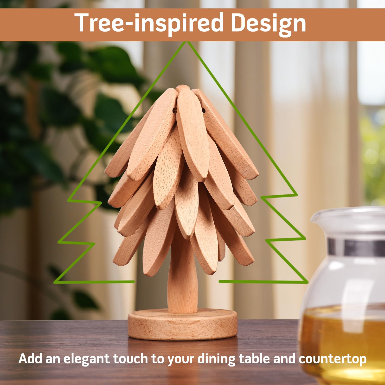 Wooden Trivets for Hot Dishes,Christmas Tree Trivet,Wooden Tree Coasters Store Like a Christmas Tree - 4 Wooden Trivet + 1 Stand