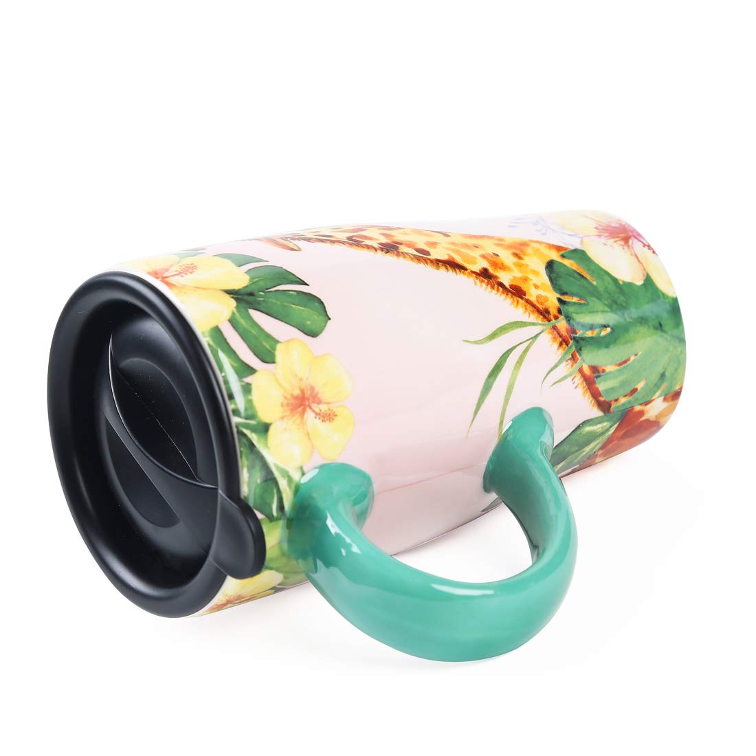 Minigift Ceramic Coffee Mug,Travel Cup with Lid,Handmade Milk Mug 16oz-Giraffe