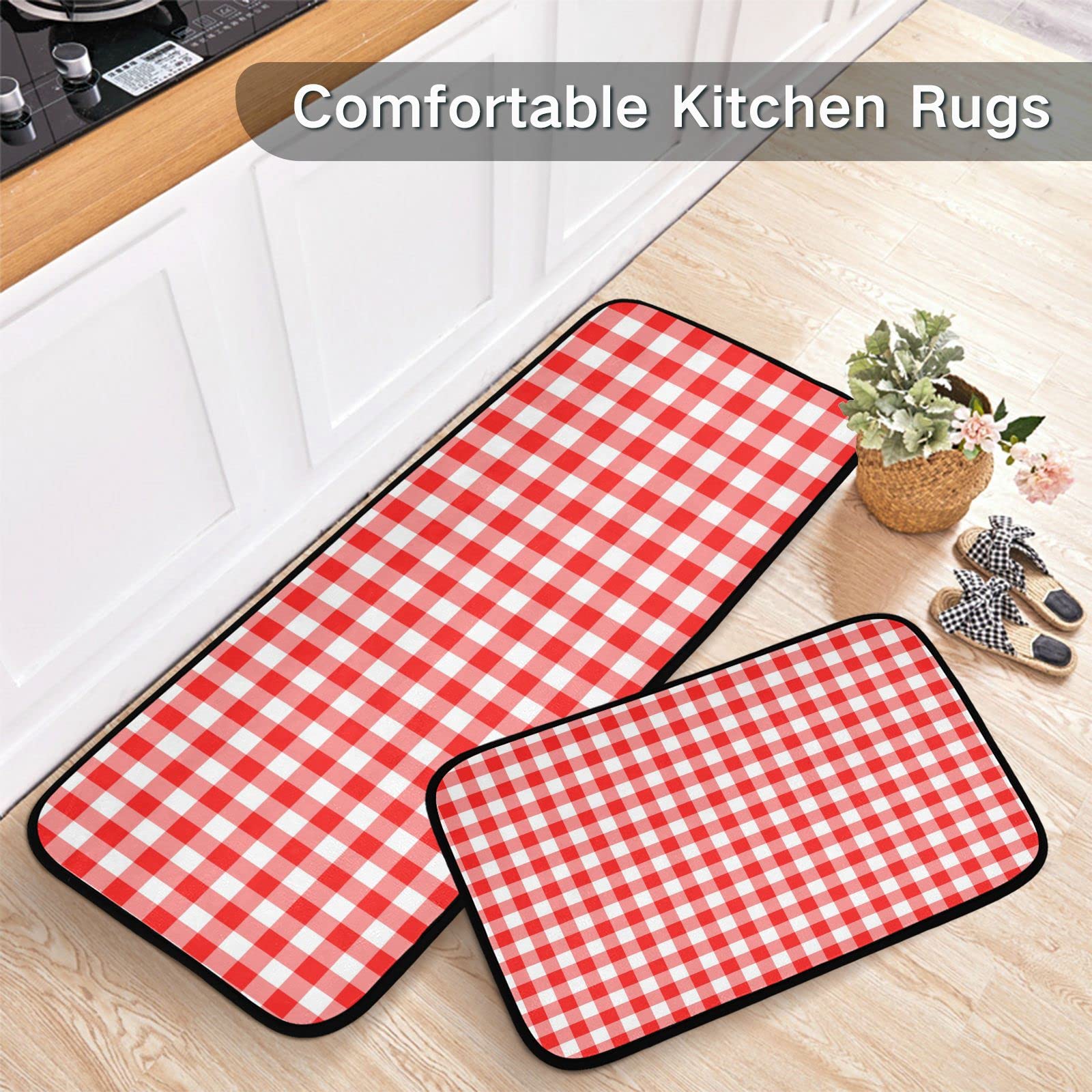 Kigai Kitchen Rugs 2 Piece Waterproof Non Slip Kitchen Mat Red & White Checked Kitchen Rug Set for Sink Office Kitchen Cafe, 19.7"x47.2"+19.7"x27.6"